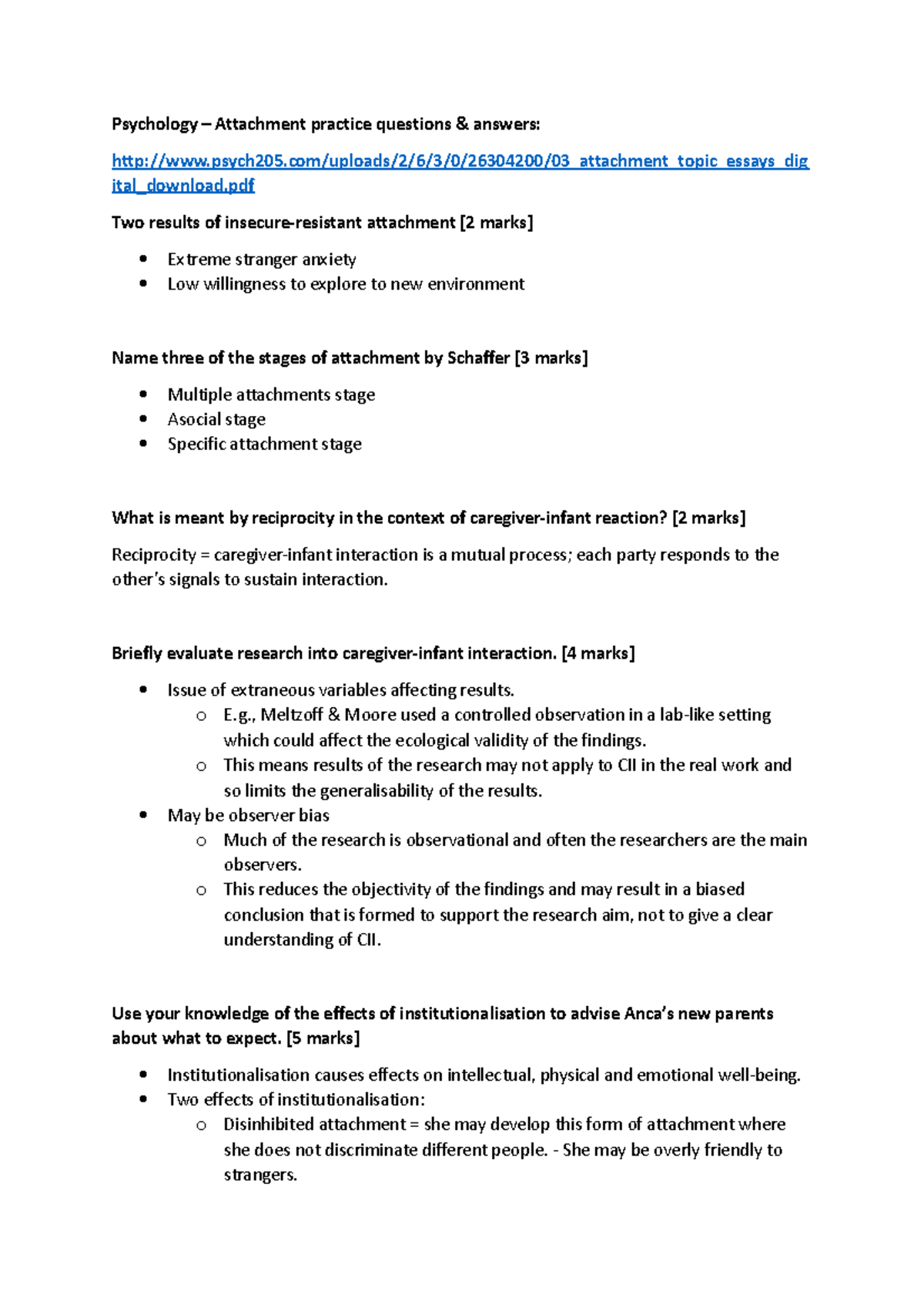 Psychology attachmeiwrg - Psychology – Attachment practice questions ...
