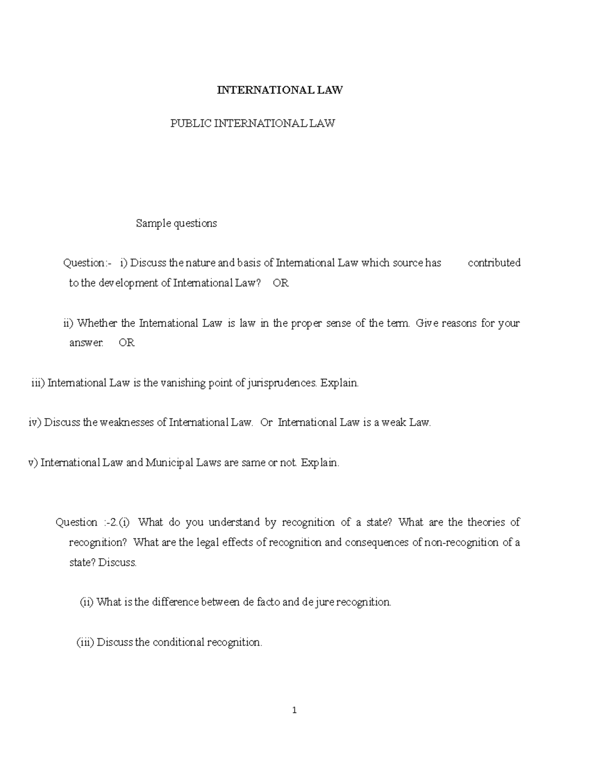 International LAW Sample questions - INTERNATIONAL LAW PUBLIC ...