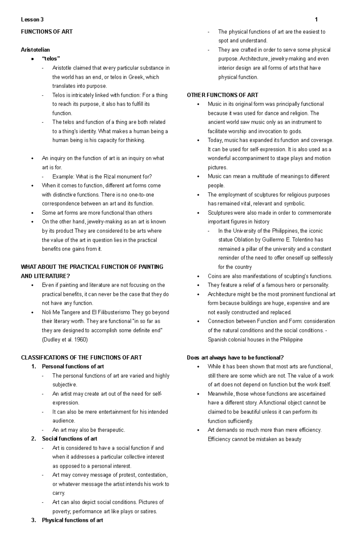 Lesson 3 - GEARTS - Lesson 3 1 FUNCTIONS OF ART Aristotelian “telos ...