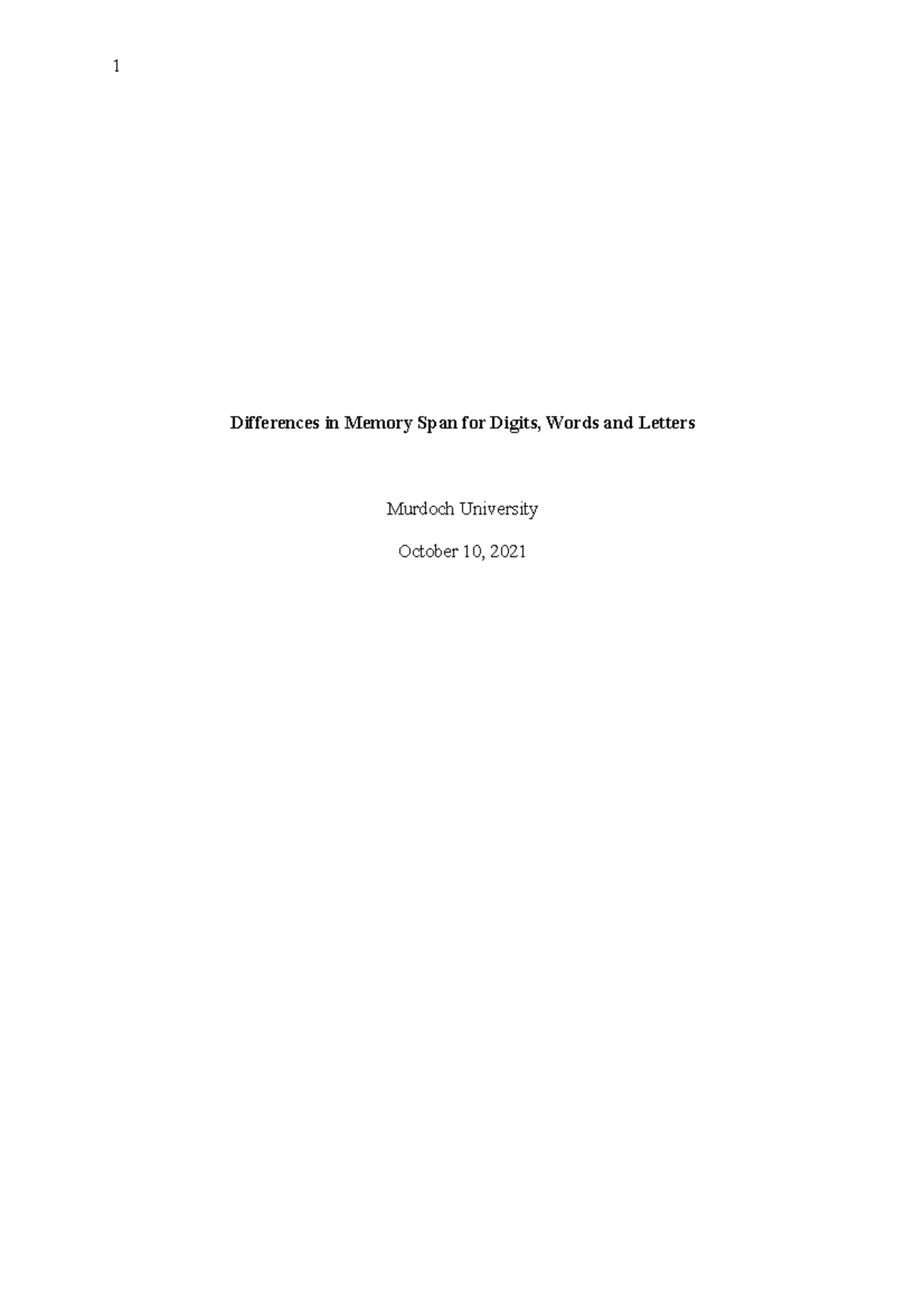 PSY294 lab report - Differences in Memory Span for Digits, Words and Letters Distinction mark ...