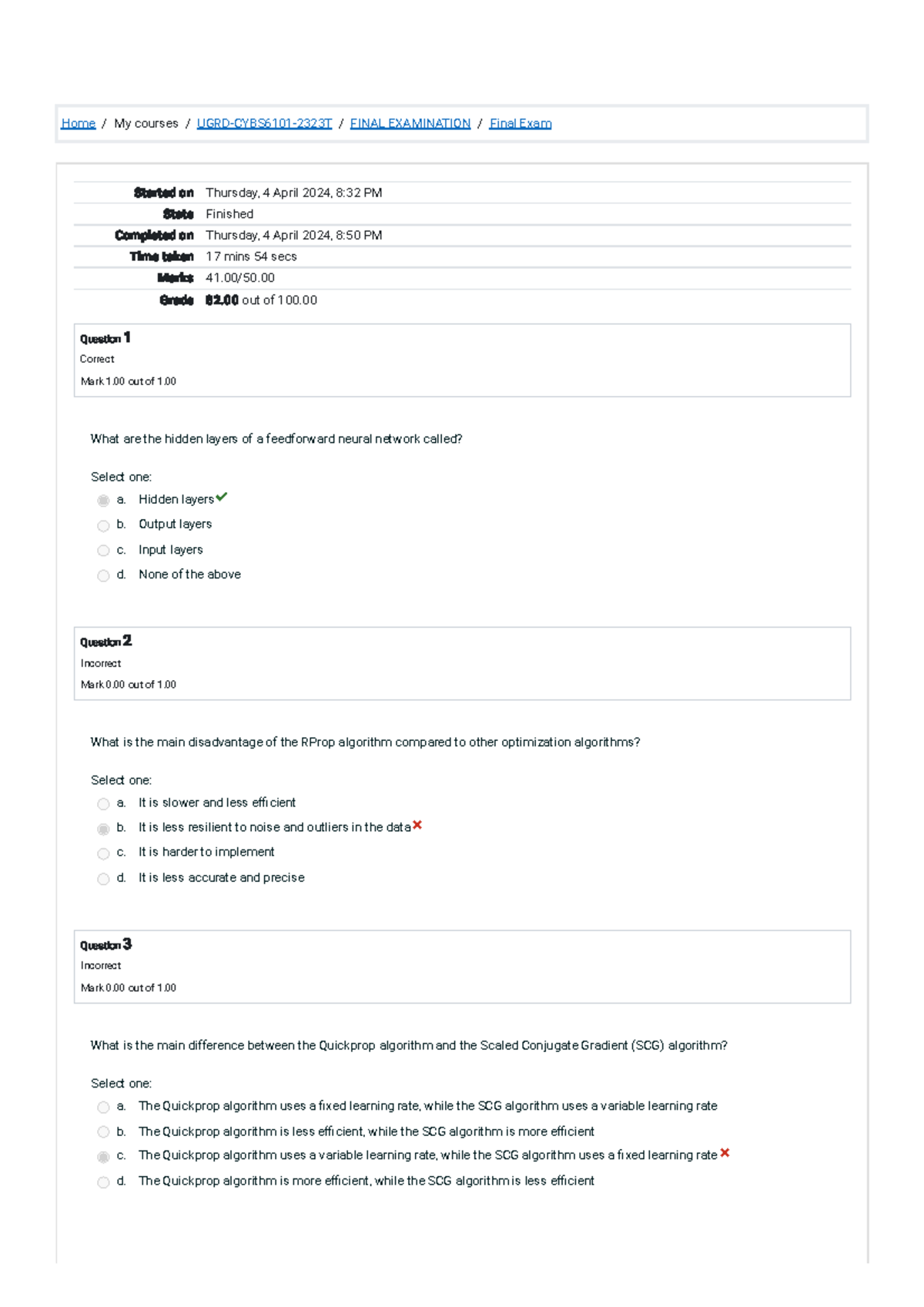 Final Exam Attempt review - Home / My courses / UGRD-CYBS6101-2323T / FINAL EXAMINATION / Final ...