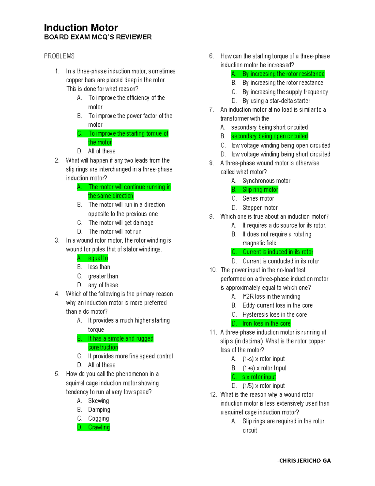 Induction Motor Reviewer Answers - BOARD EXAM MCQ’S REVIEWER PROBLEMS ...