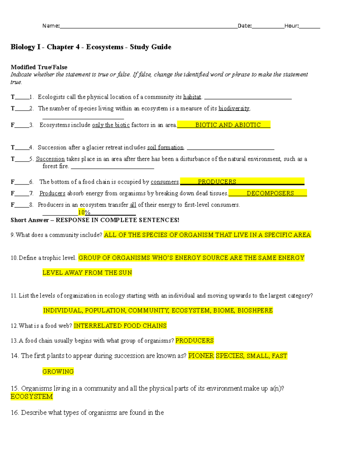 Ecology study guide ch - 123 - Name: Date: Hour: Biology I - Chapter 4 ...