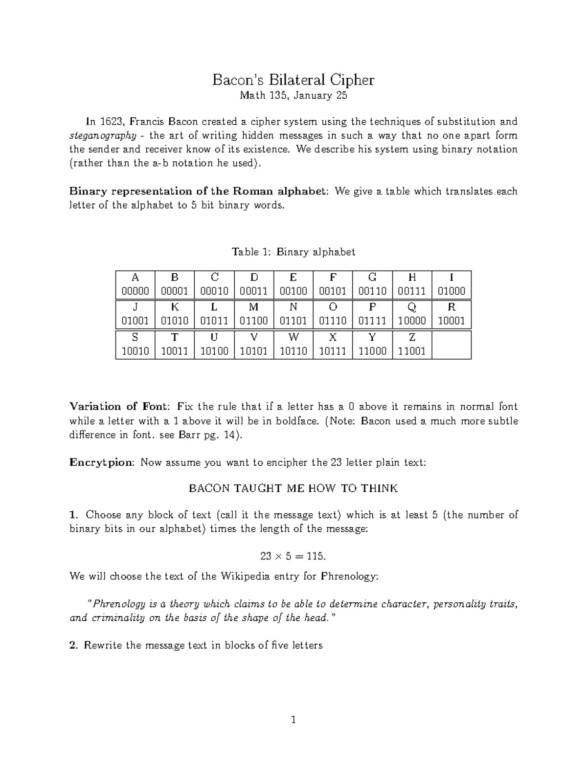 Bacon bilateral cipher - Bacon’s Bilateral Cipher Math 135, January 25 ...