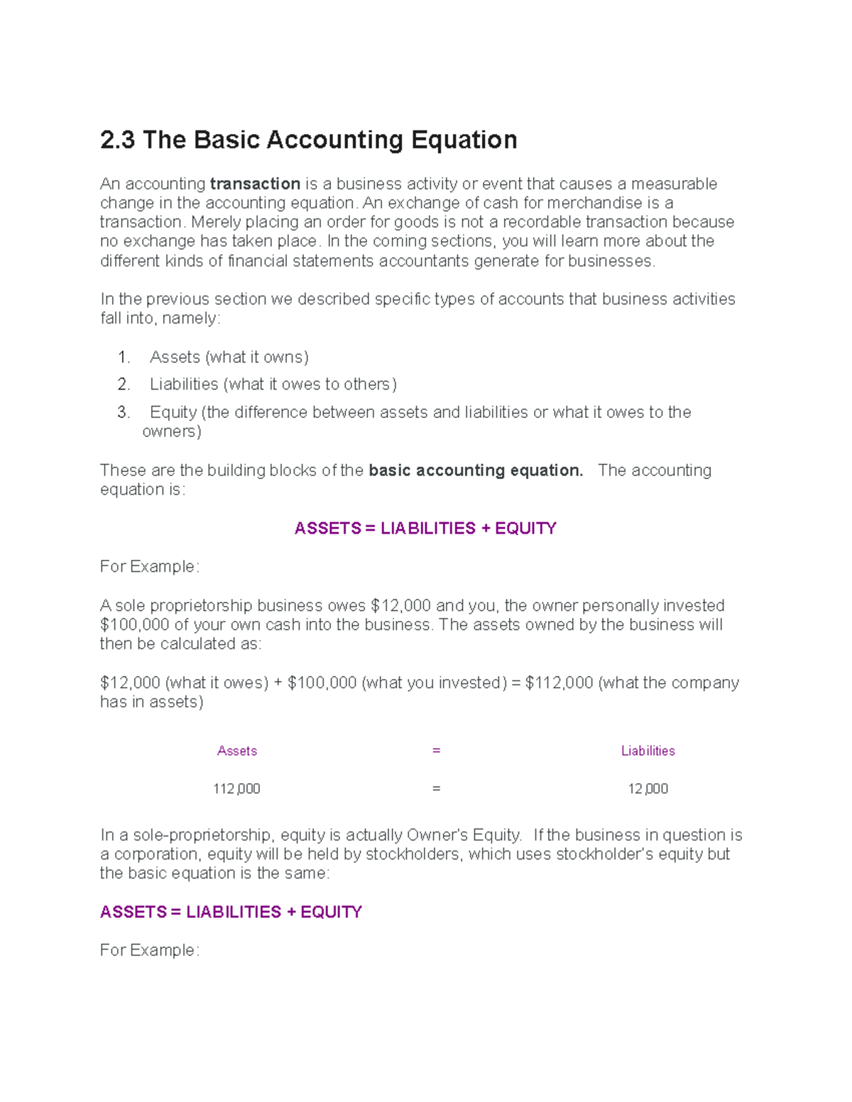 Basic Accounting - Lecture notes 1 - 2 The Basic Accounting Equation An ...