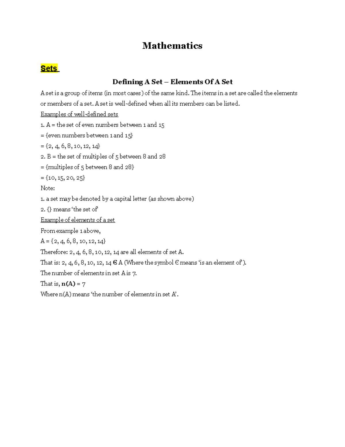 Maths CXC Notes - Mathematics Sets Defining A Set – Elements Of A Set A ...