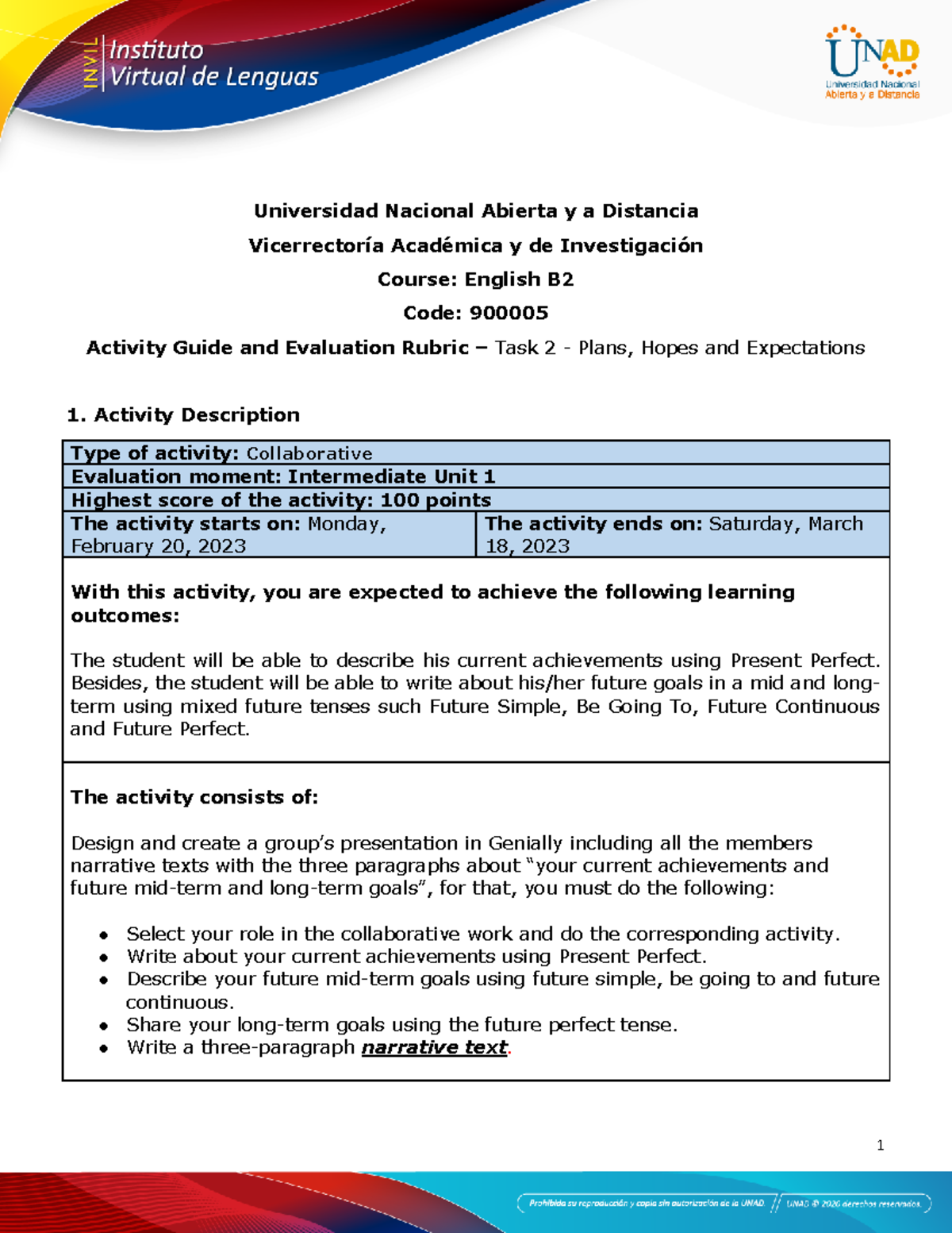 Activity Guide and Evaluation Rubric - Unit 1 - Task 2 - Plans, hopes and expectations ...