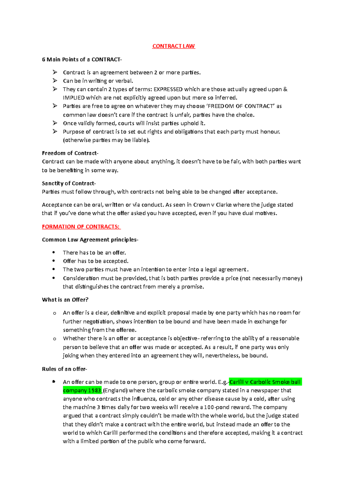 Contract LAW Notes - CONTRACT LAW 6 Main Points of a CONTRACT- Contract ...