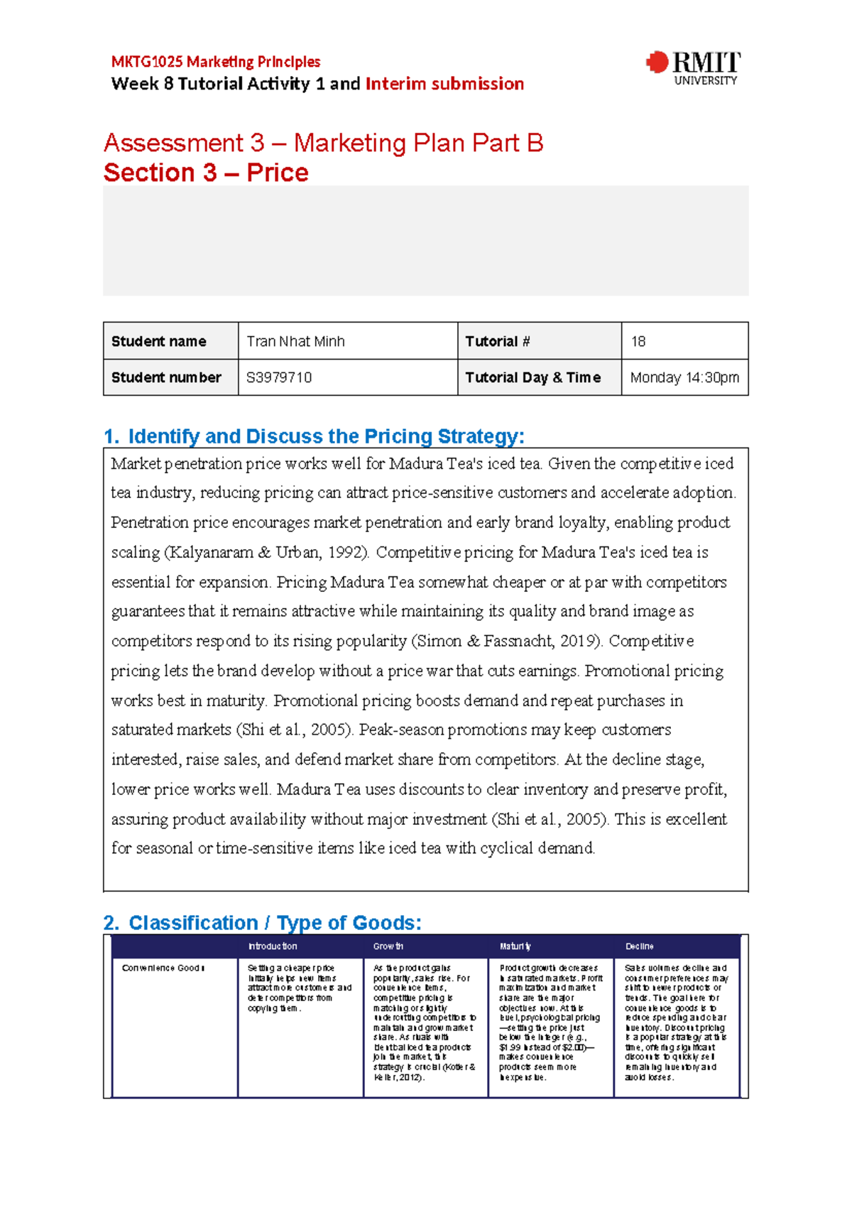 MKTG1025 WEEK 8 Tutorial Activity 1-Pricing-Interim- Tran Nhat Minh s3979710 - MKTG1025 ...