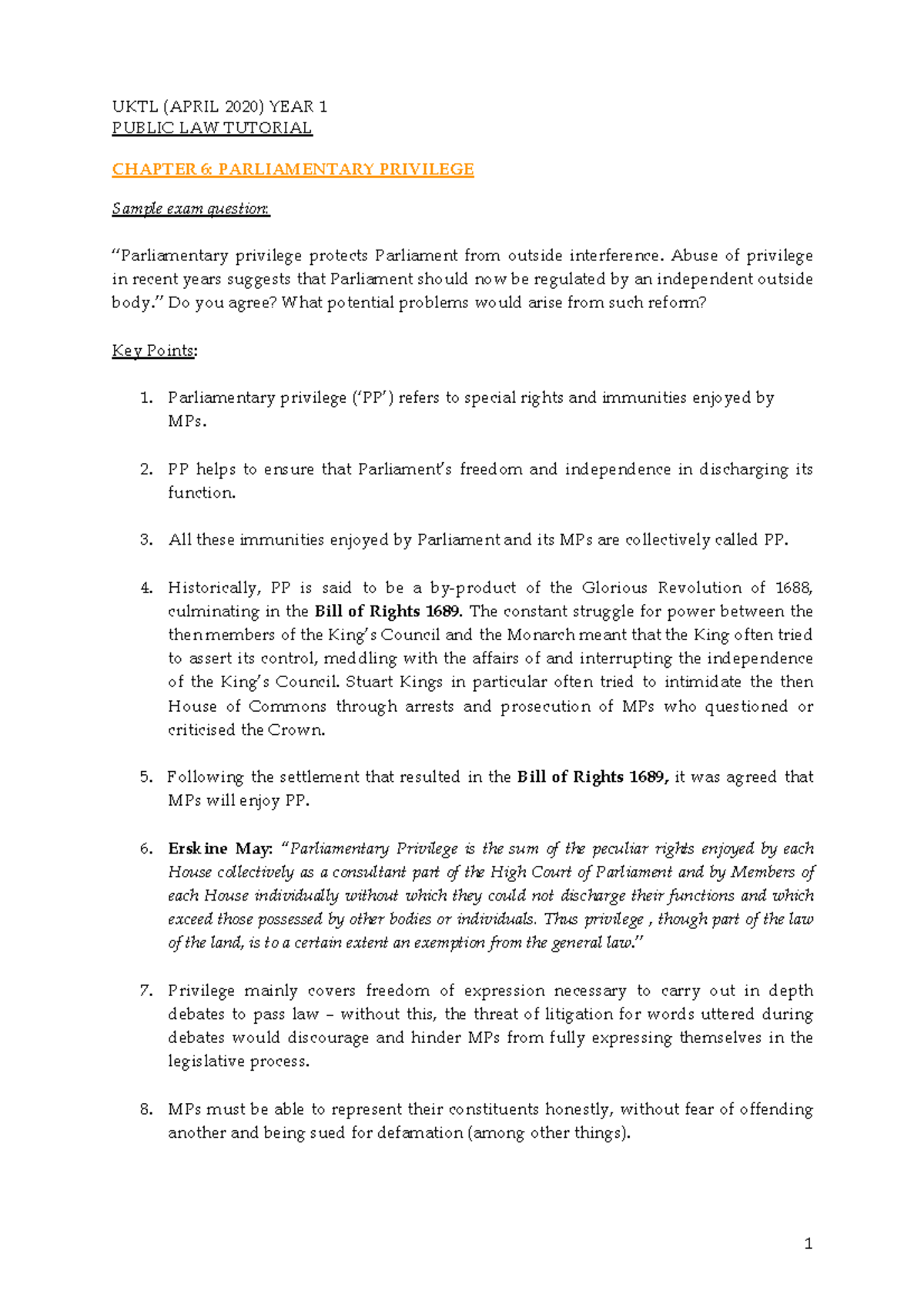 Ch6 Parliamentary Privilege Tutorial - UKTL (APRIL 2020) YEAR 1 PUBLIC ...