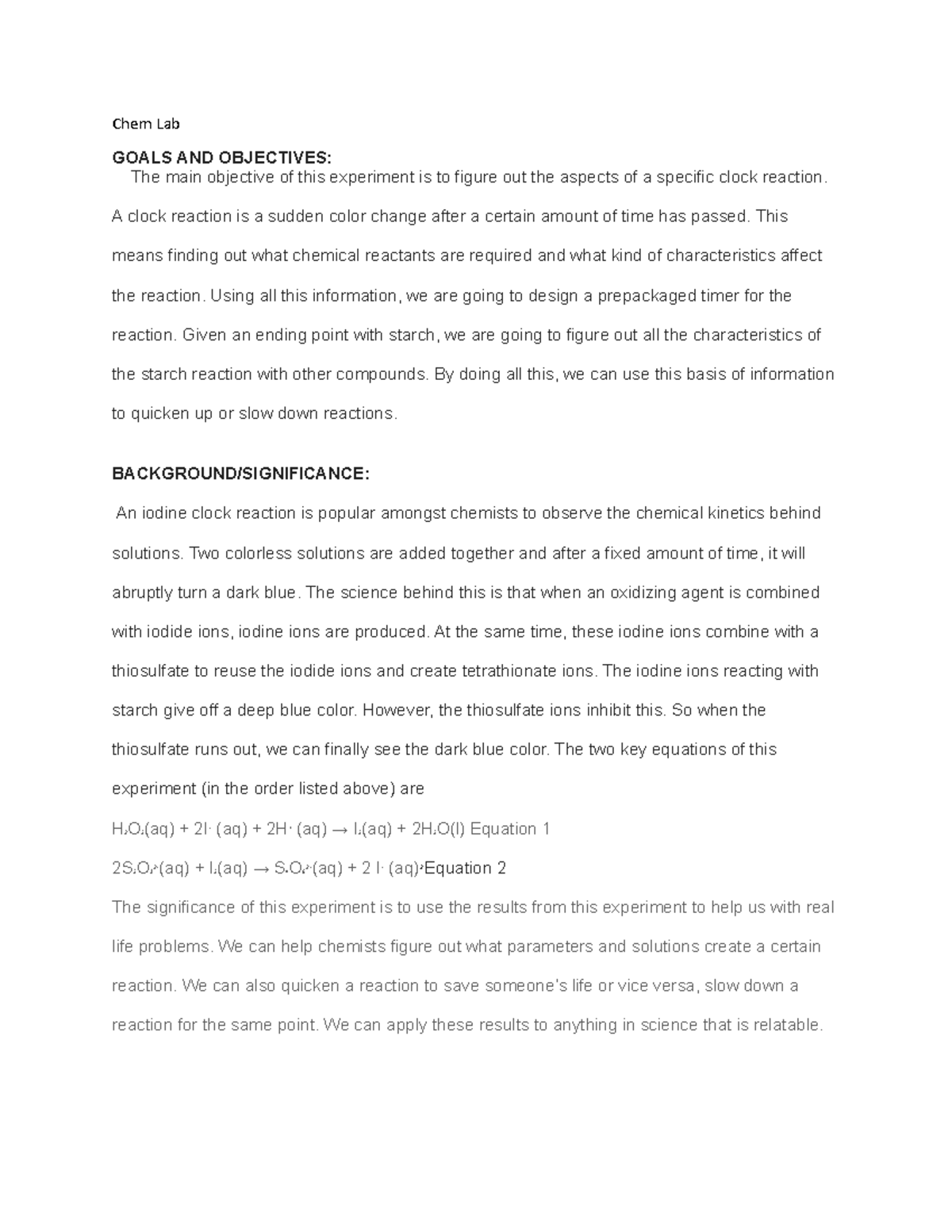 Chem Lab - Lecture notes 1-3 - Chem Lab GOALS AND OBJECTIVES: The main ...
