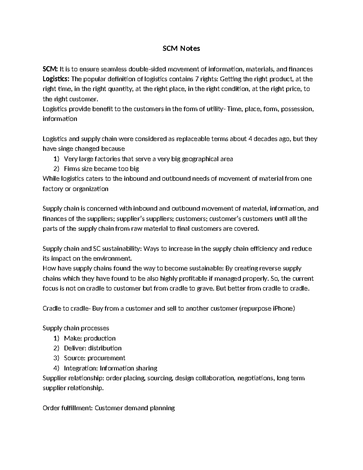 SCM Notes - SCM Notes SCM: It is to ensure seamless double-sided ...