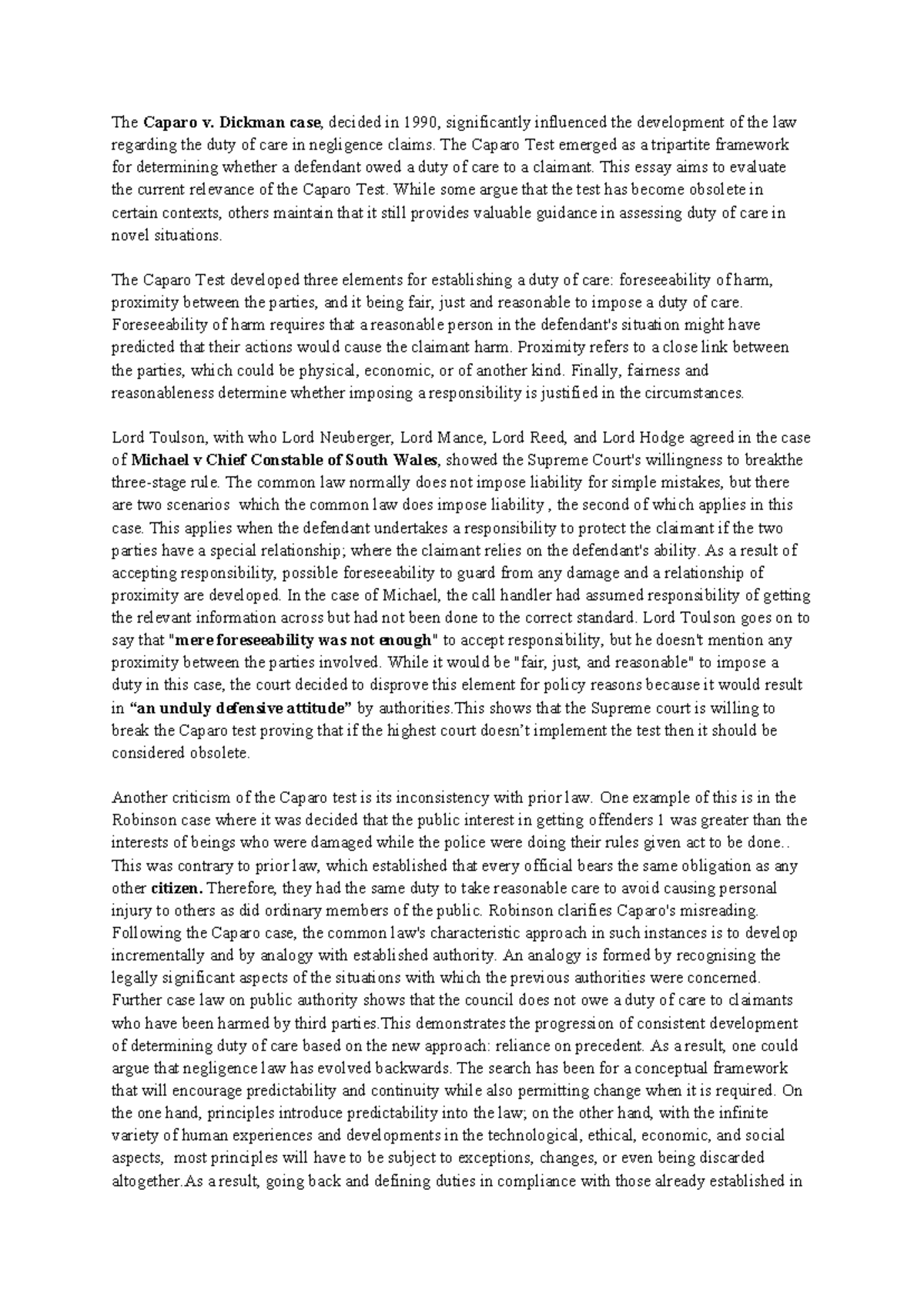 Essay - The Caparo v. Dickman case, decided in 1990, significantly ...