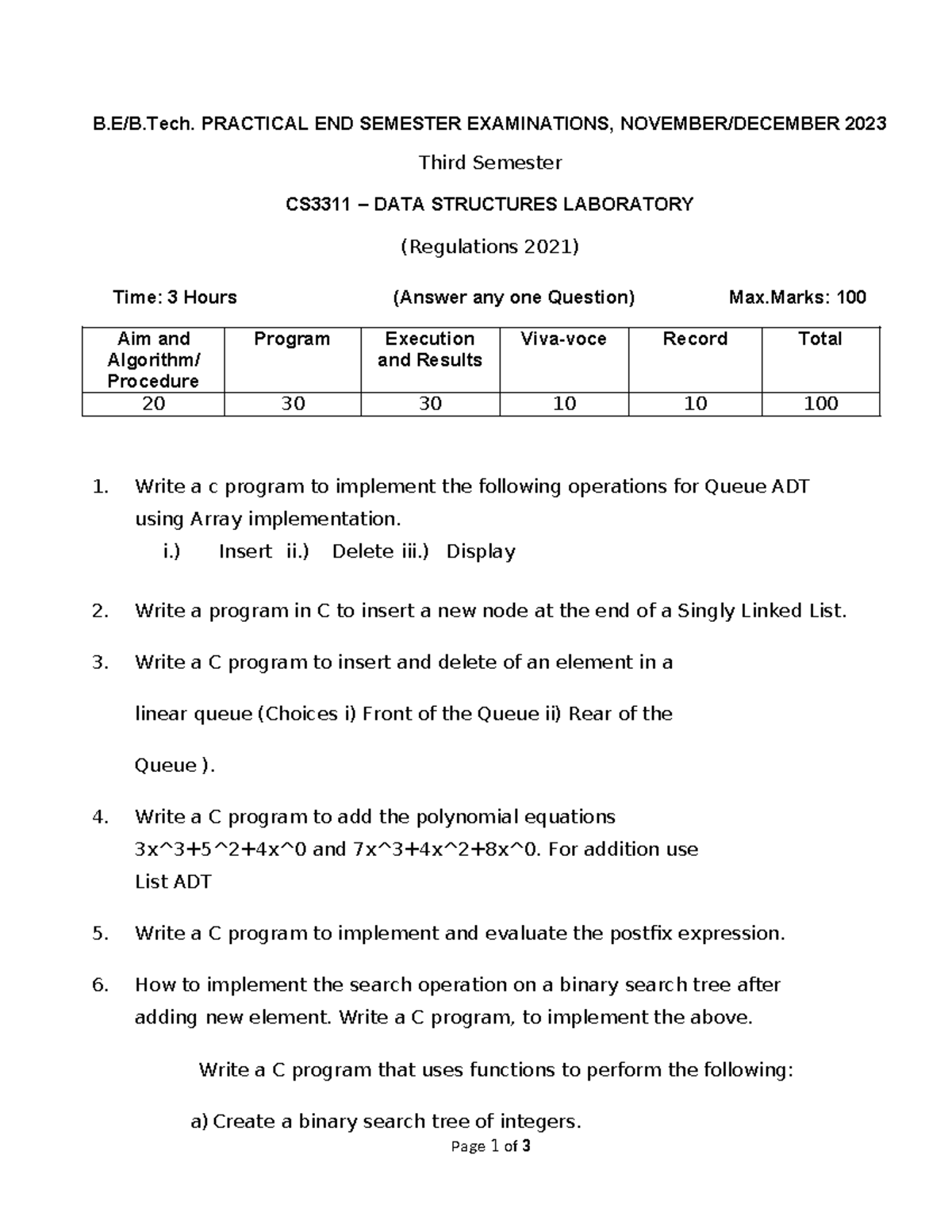 CS3311 - gdfgrdtg - B.E/B. PRACTICAL END SEMESTER EXAMINATIONS, NOVEMBER/DECEMBER 2023 Third ...