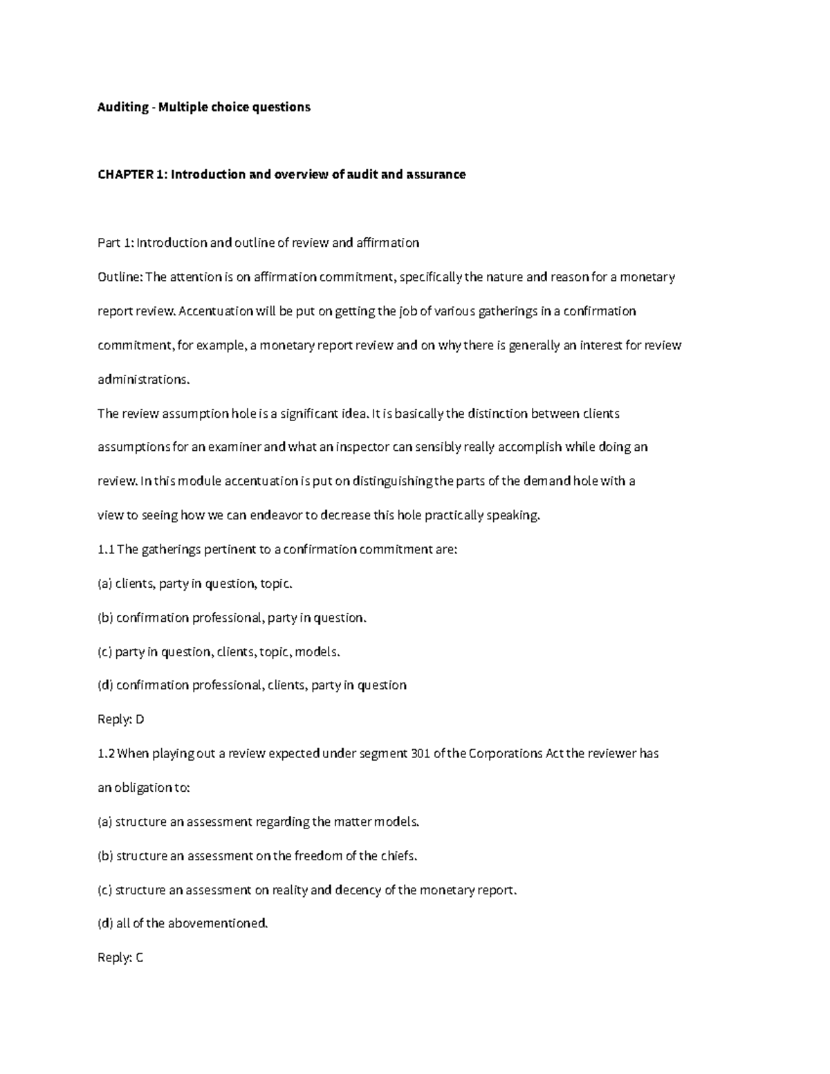 Auditing ADMN 2050- Multiple choice questions - Auditing - Multiple choice questions CHAPTER 1 ...