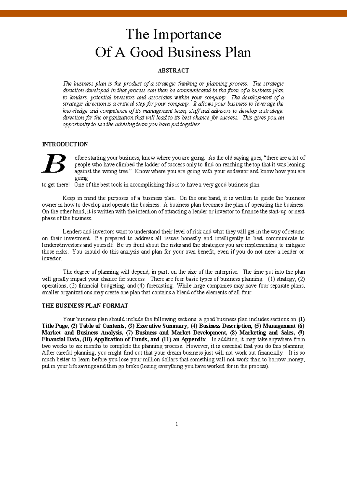 Parts of a Business Plan - B 1 The Importance Of A Good Business Plan ...