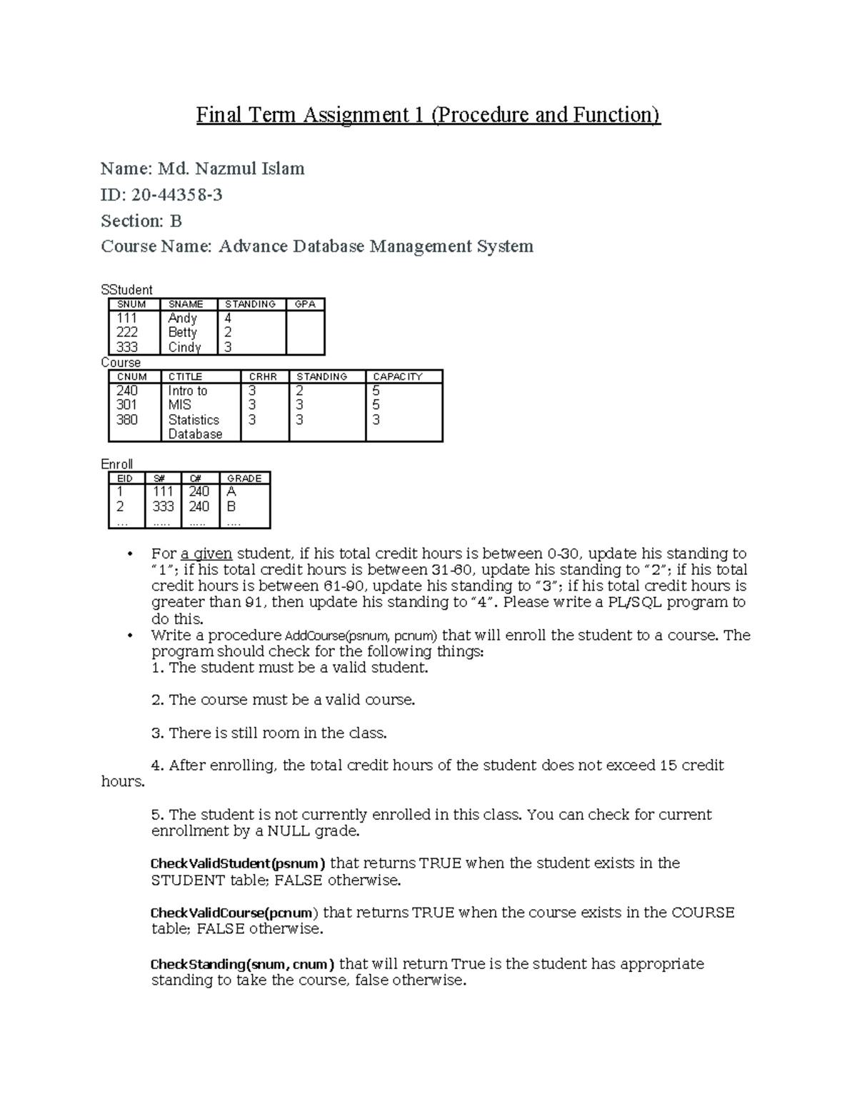 Assignment 1 Procedure and Function(20-44358-3) - Final Term Assignment 1 (Procedure and ...