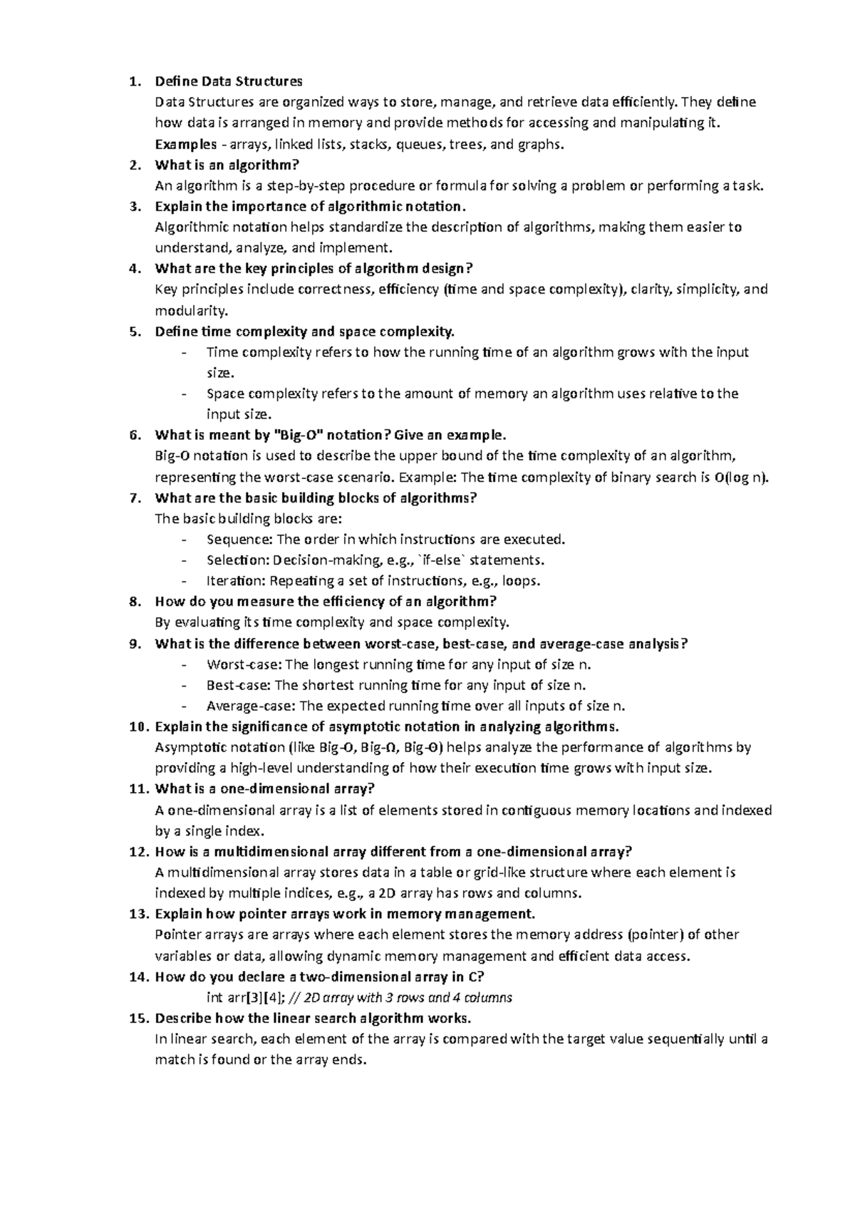 Data Structures Sorting And Searching Short Questions Define Data