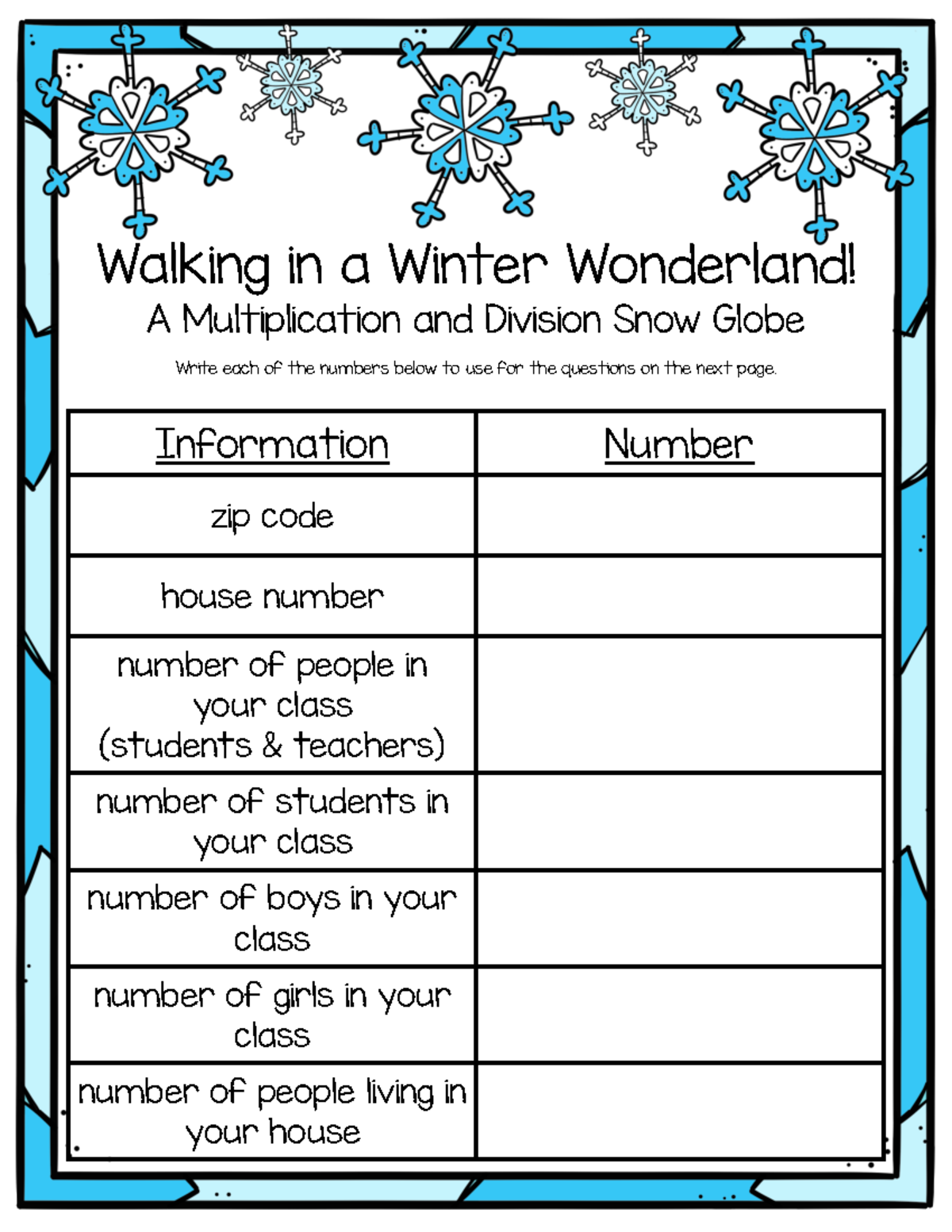 Walking in a Winter Wonderland A Multiplication and Division Snow Globe ...
