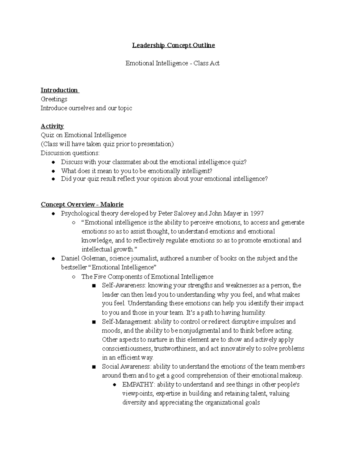 Leadership Concept Outline - Leadership Concept Outline Emotional ...