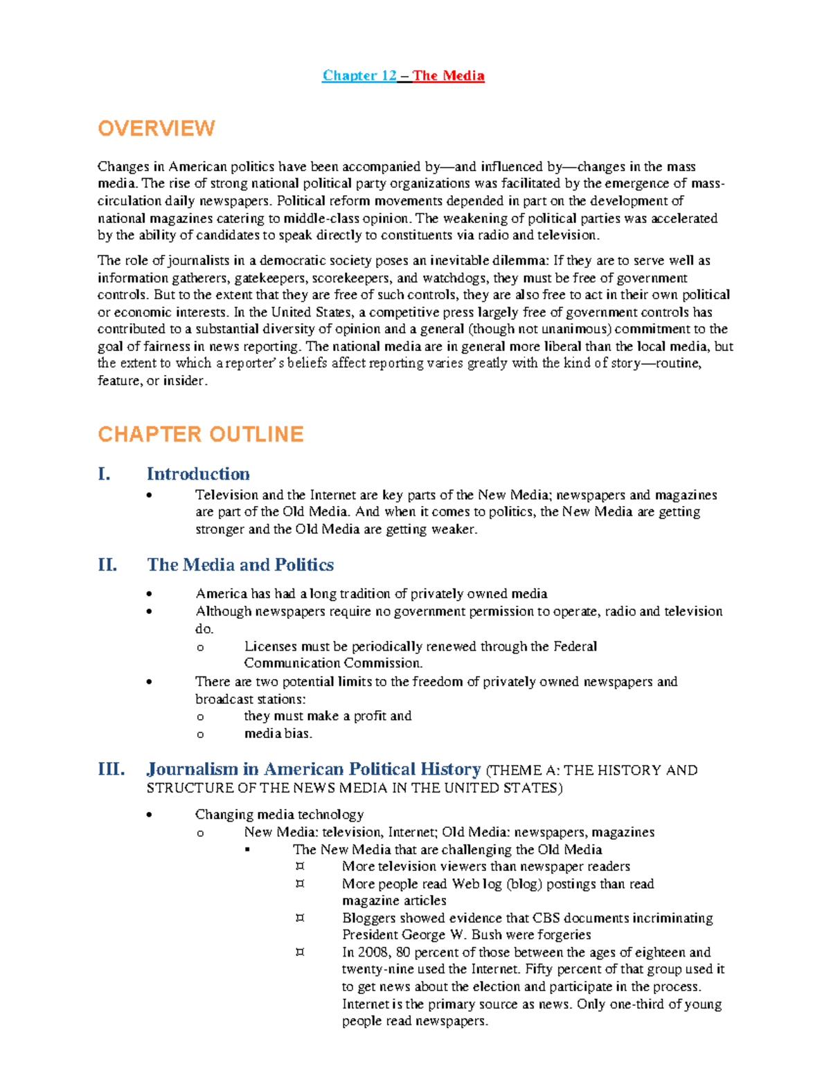 Ch12 The Media - US-Government - Chapter 12 – The Media OVERVIEW ...