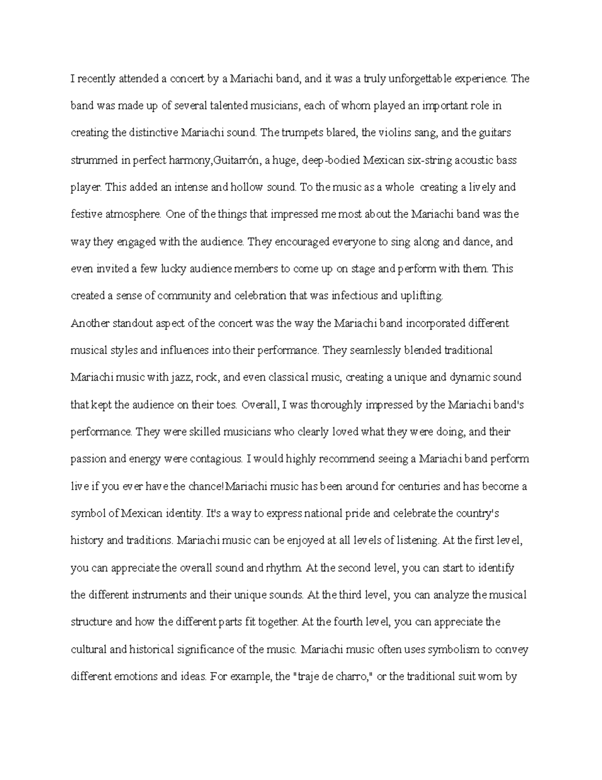 Concert Critique - I recently attended a concert by a Mariachi band ...