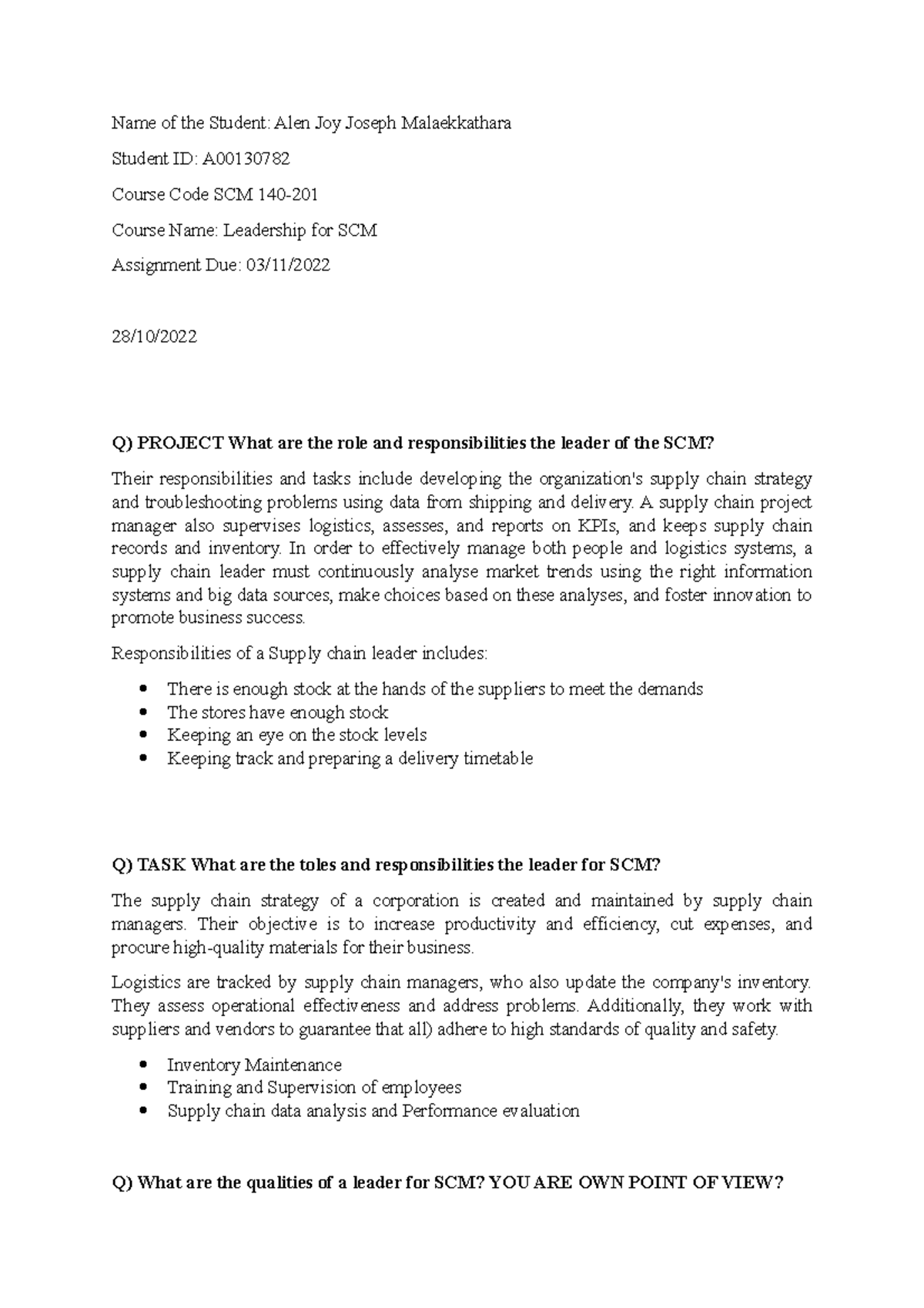 Leadership for SCM E-mail - Name of the Student: Alen Joy Joseph ...