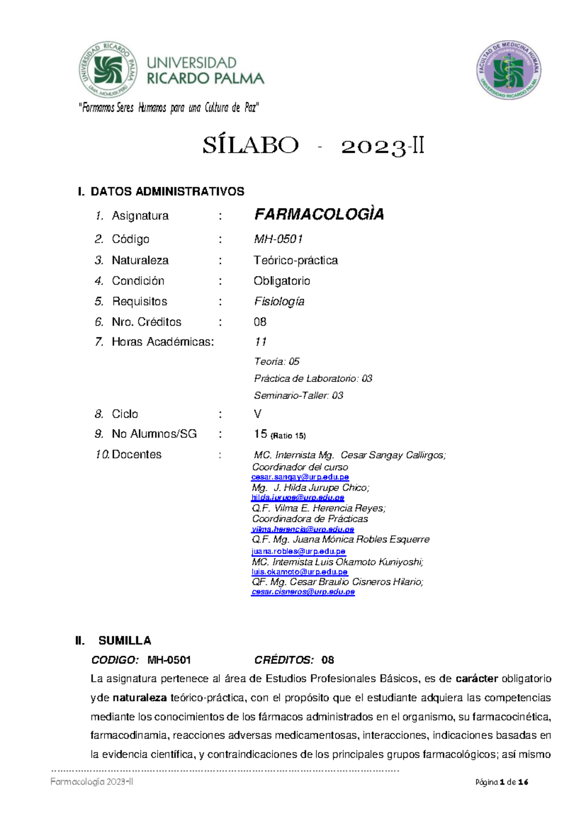 Silabo DE Farmacologia - 2023-II - “Formamos Seres Humanos para una ...
