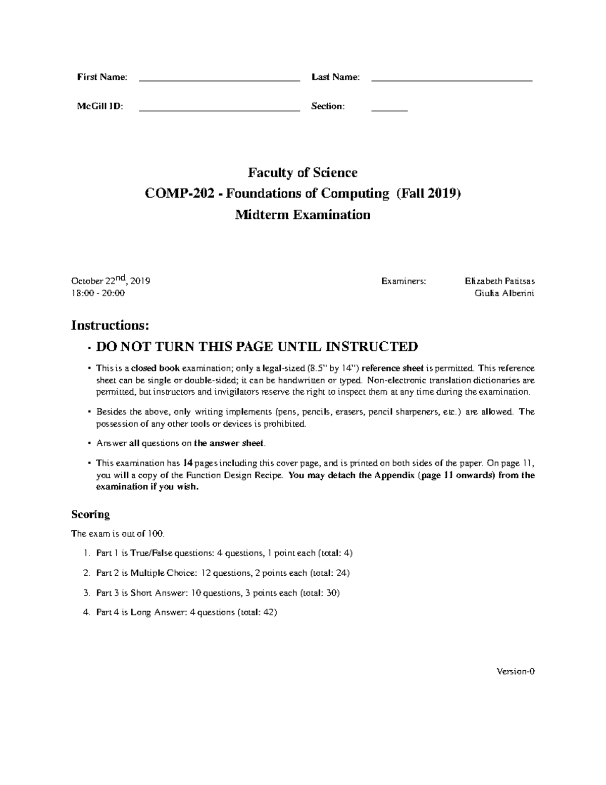 COMP202 F2019 Midterm - First Name: Last Name: McGill ID: Section: Faculty of Science COMP-202 ...