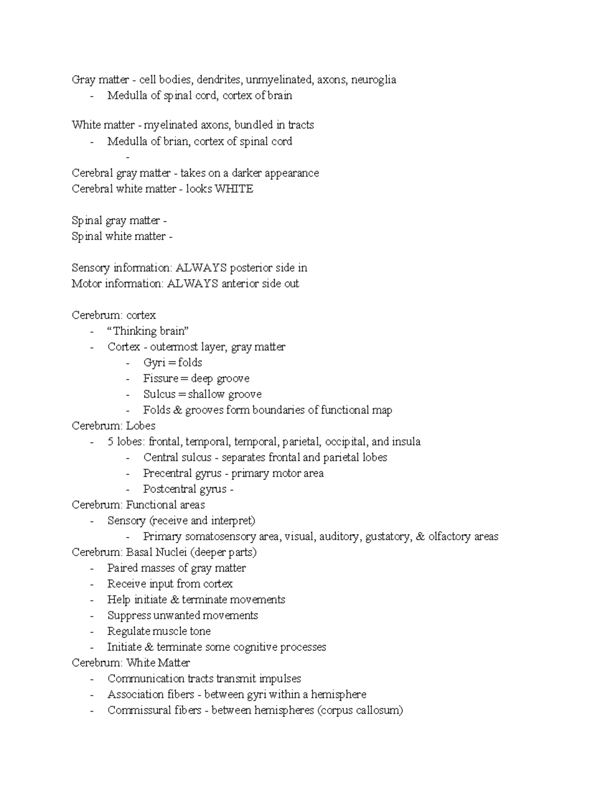 A&P - T5 Notes - Gray matter - cell bodies, dendrites, unmyelinated ...