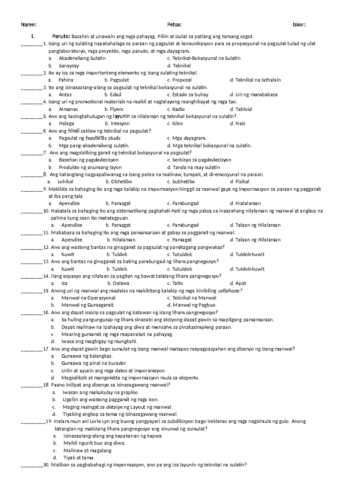 Grade 12 Practice sheet in Filipino - Name: Petsa: Iskor: I. Panuto ...