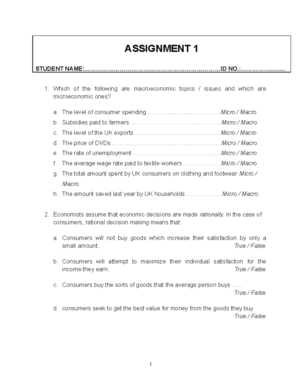 Assignment 1 Intro To Microeconomics Assignment 1 Student Studocu