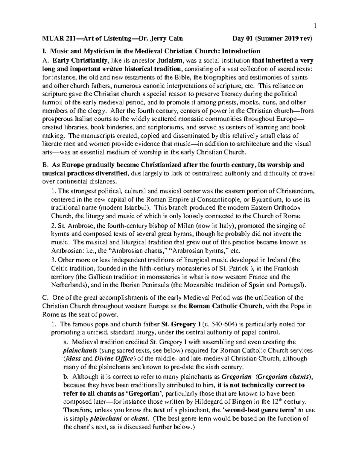 WEEK 1 PT 2 Notes - MUAR 211—Art of Listening—Dr. Jerry Cain Day 01 ...