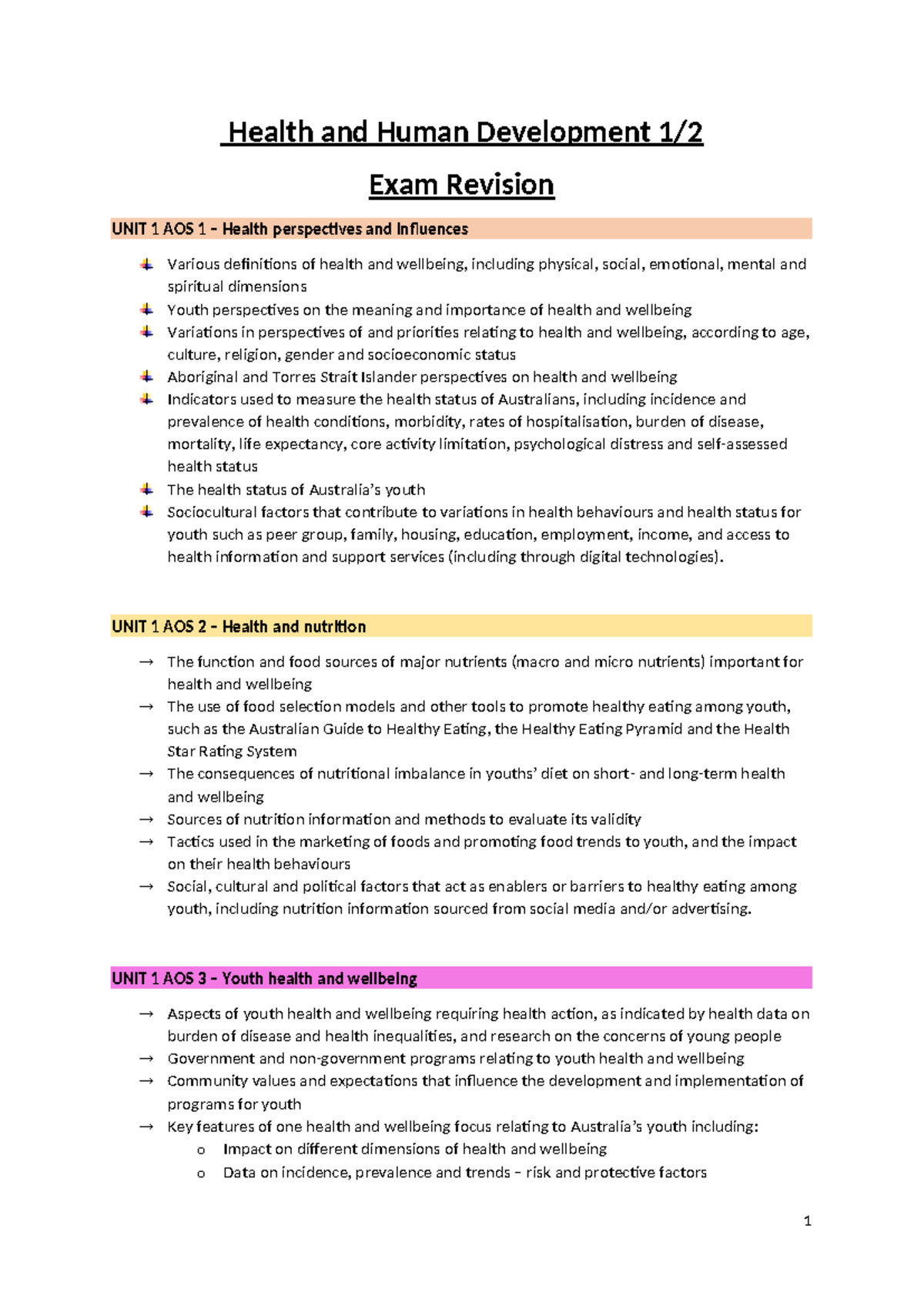 Health and Human Development - UNIT 1 AOS 2 – Health and nutrition The ...