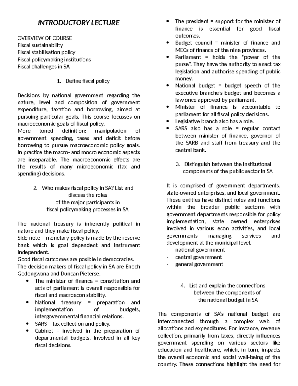 Fiscal policy notes - INTRODUCTORY LECTURE OVERVIEW OF COURSE Fiscal ...