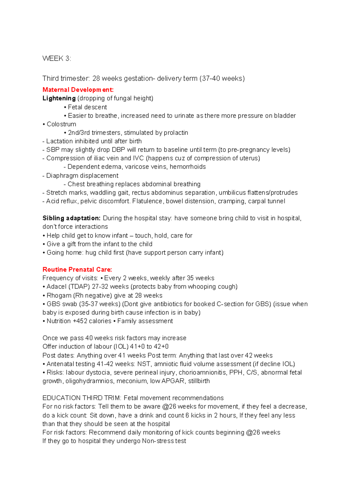 Maternity - Maternal factors - WEEK 3: Third trimester: 28 weeks ...