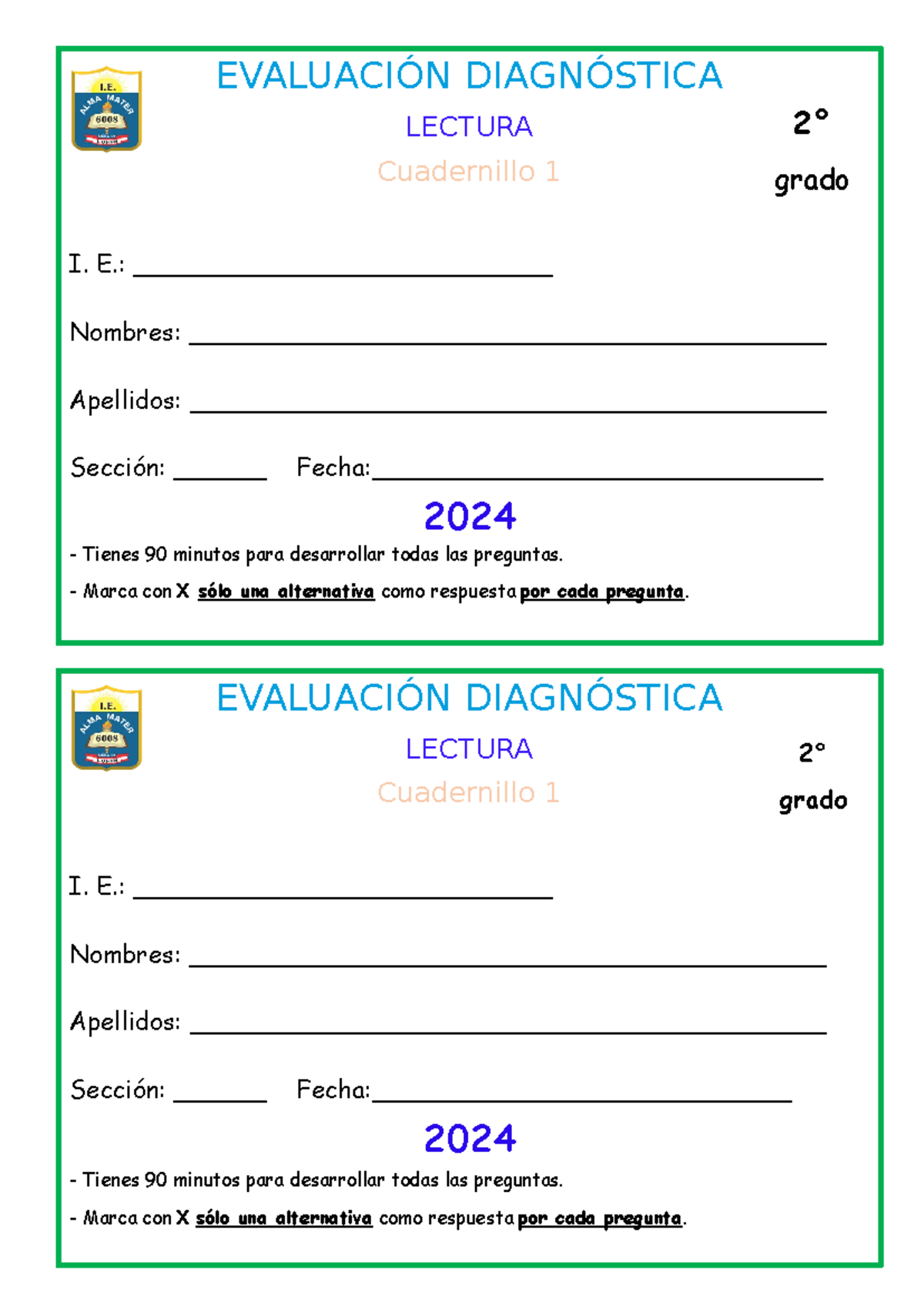 Eval diagnost de Lectura 1 - EVALUACIÓN DIAGNÓSTICA LECTURA Cuadernillo 1 I. E.: - Studocu