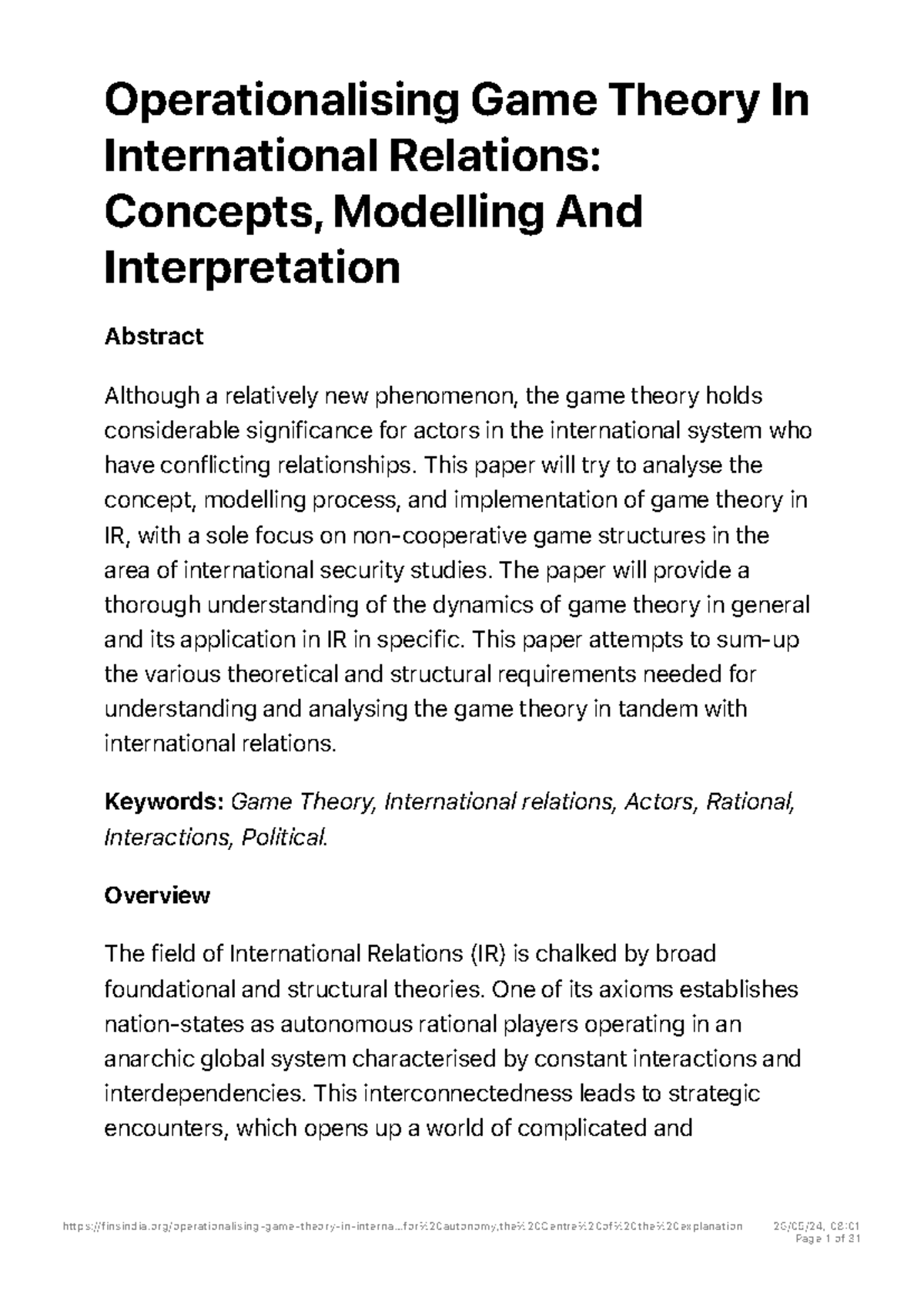 Operationalising Game Theory in International Relations- Concepts ...