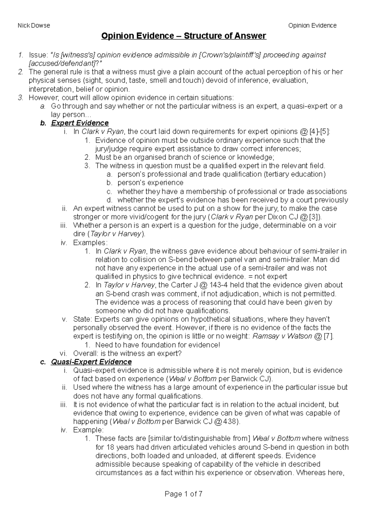 Opinion Evidence – Structure of Answer rn - Opinion Evidence ...