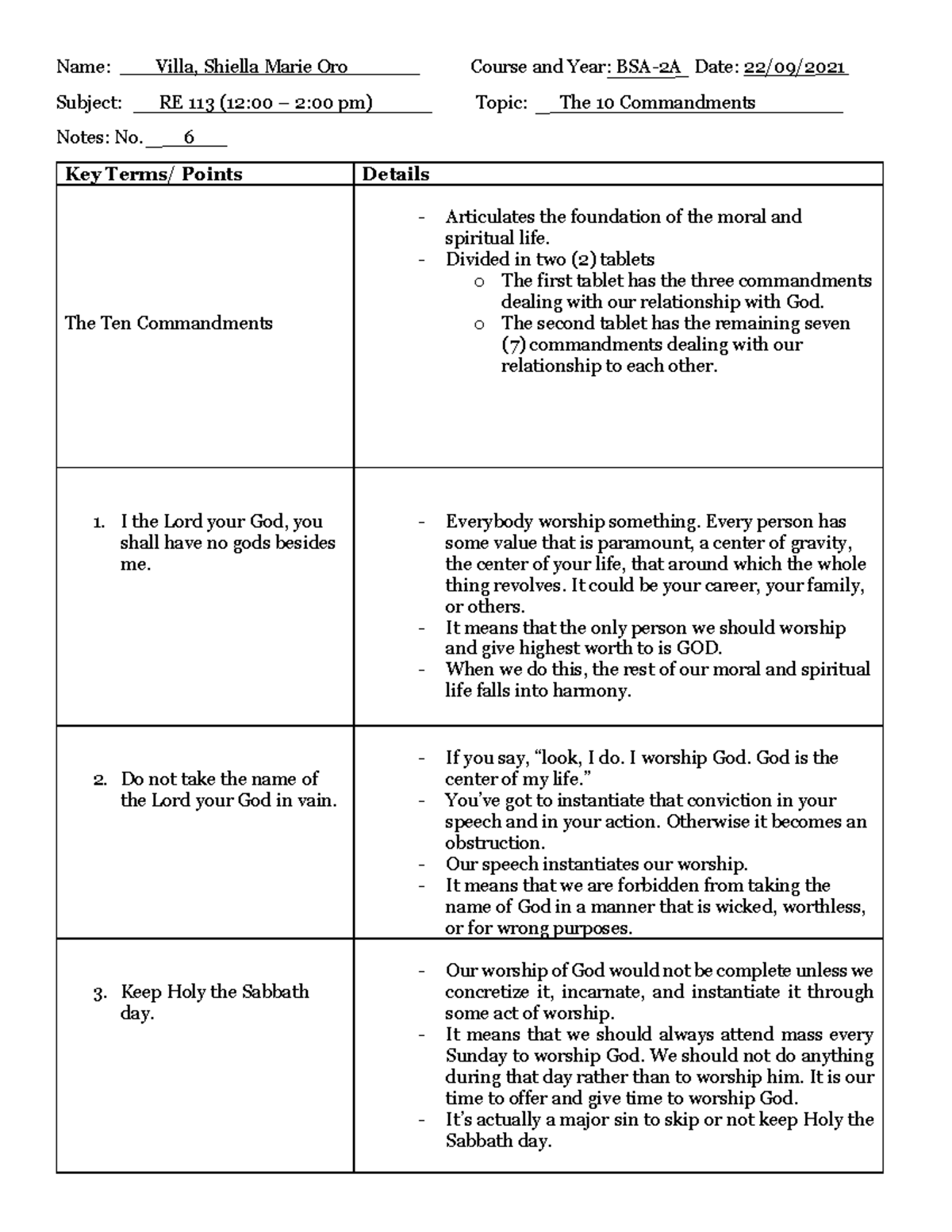 Cornell-Notes Religious Education lecture notes - Name: Villa, Shiella ...