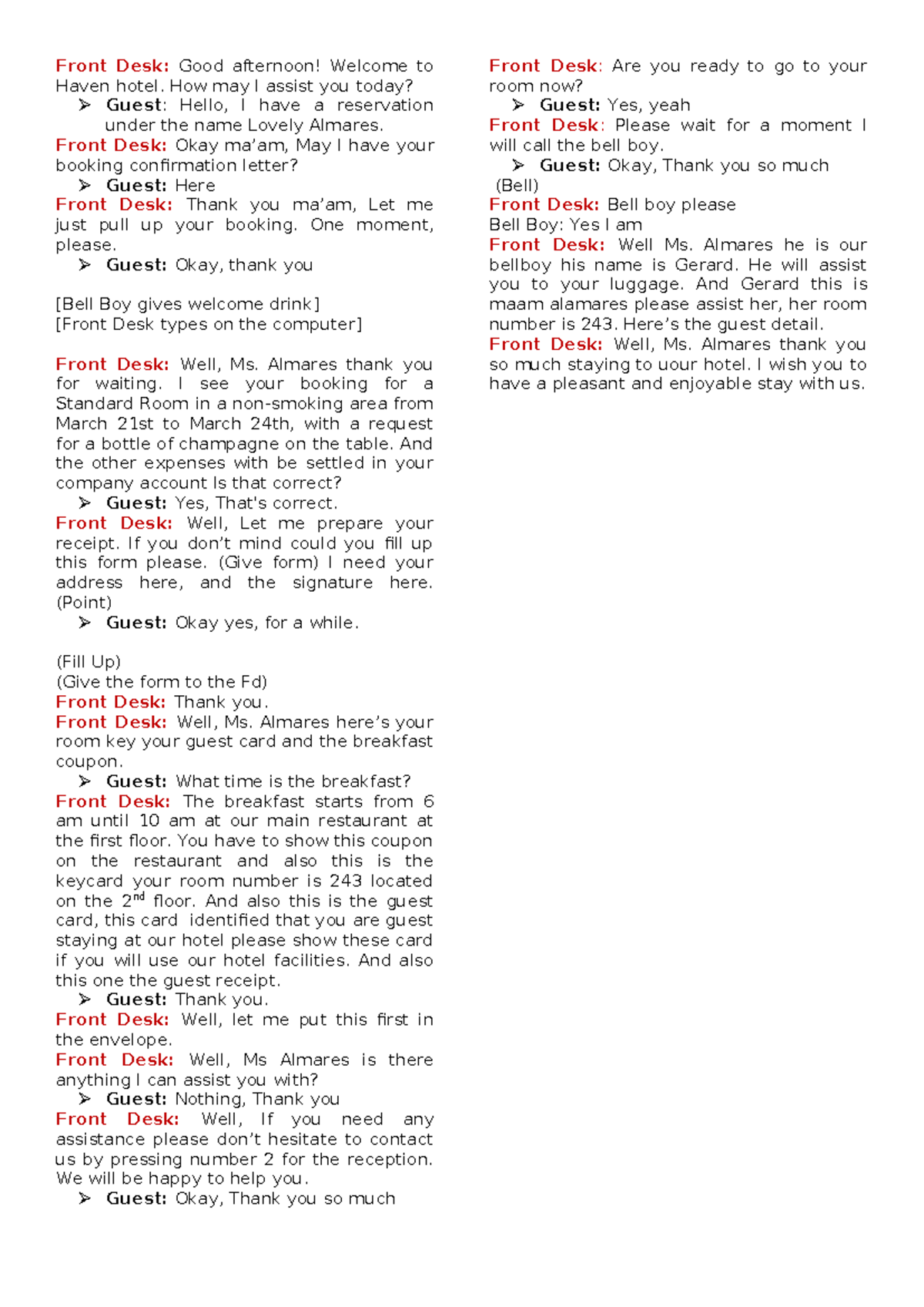 Checkin- Script - DCX CCSCC - Front Desk: Good afternoon! Welcome to ...