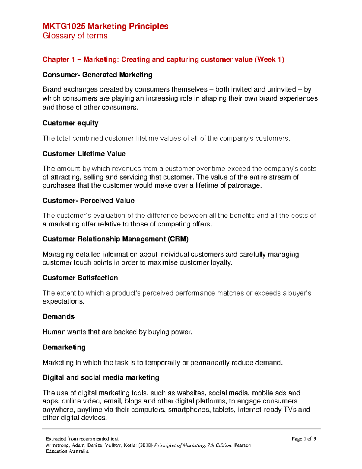 Glossy of Terms-Principles - MKTG1025 Marketing Principles Glossary of ...