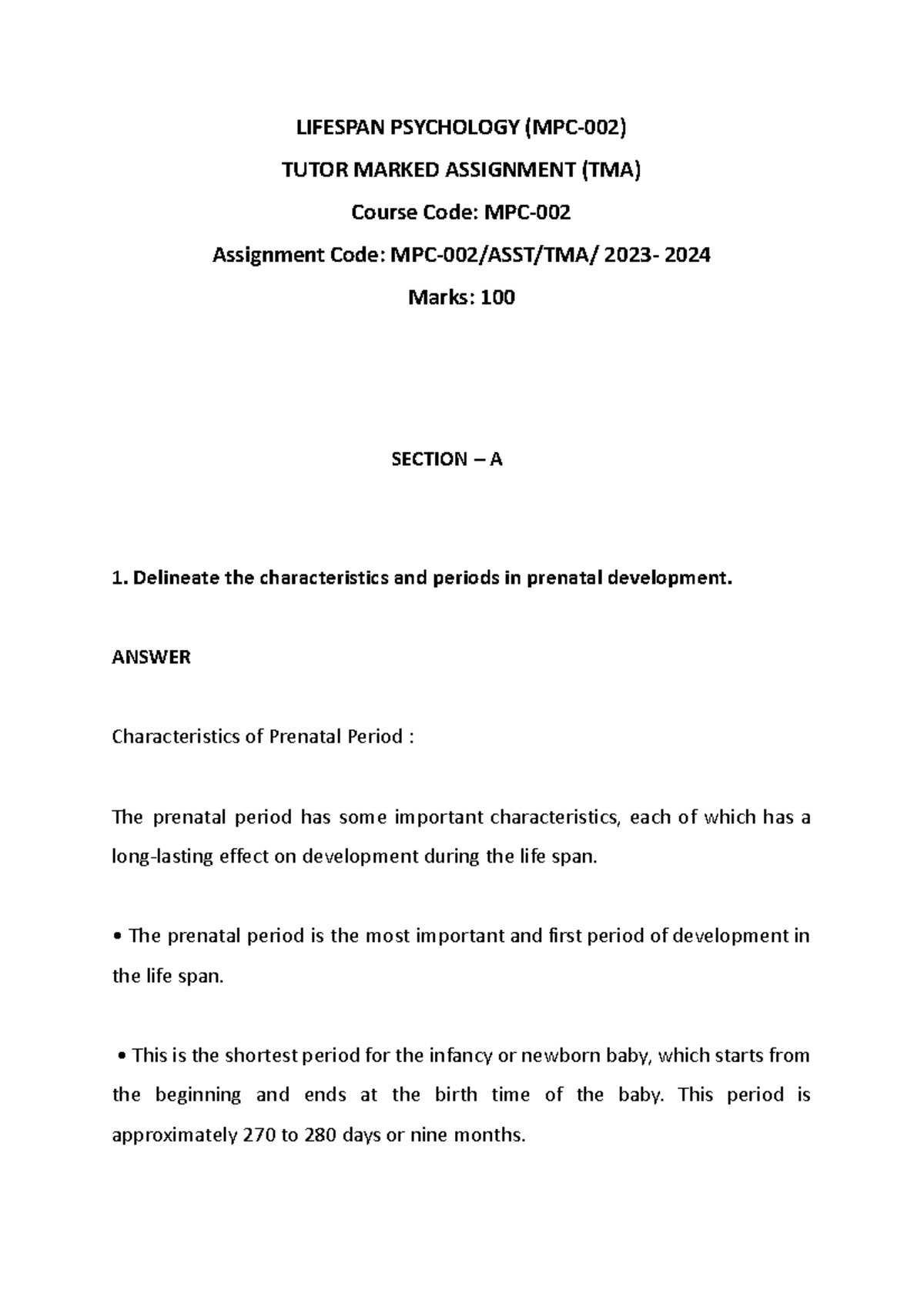 MPC 002 2023-24 - Assignment - LIFESPAN PSYCHOLOGY (MPC-002) TUTOR MARKED ASSIGNMENT (TMA ...