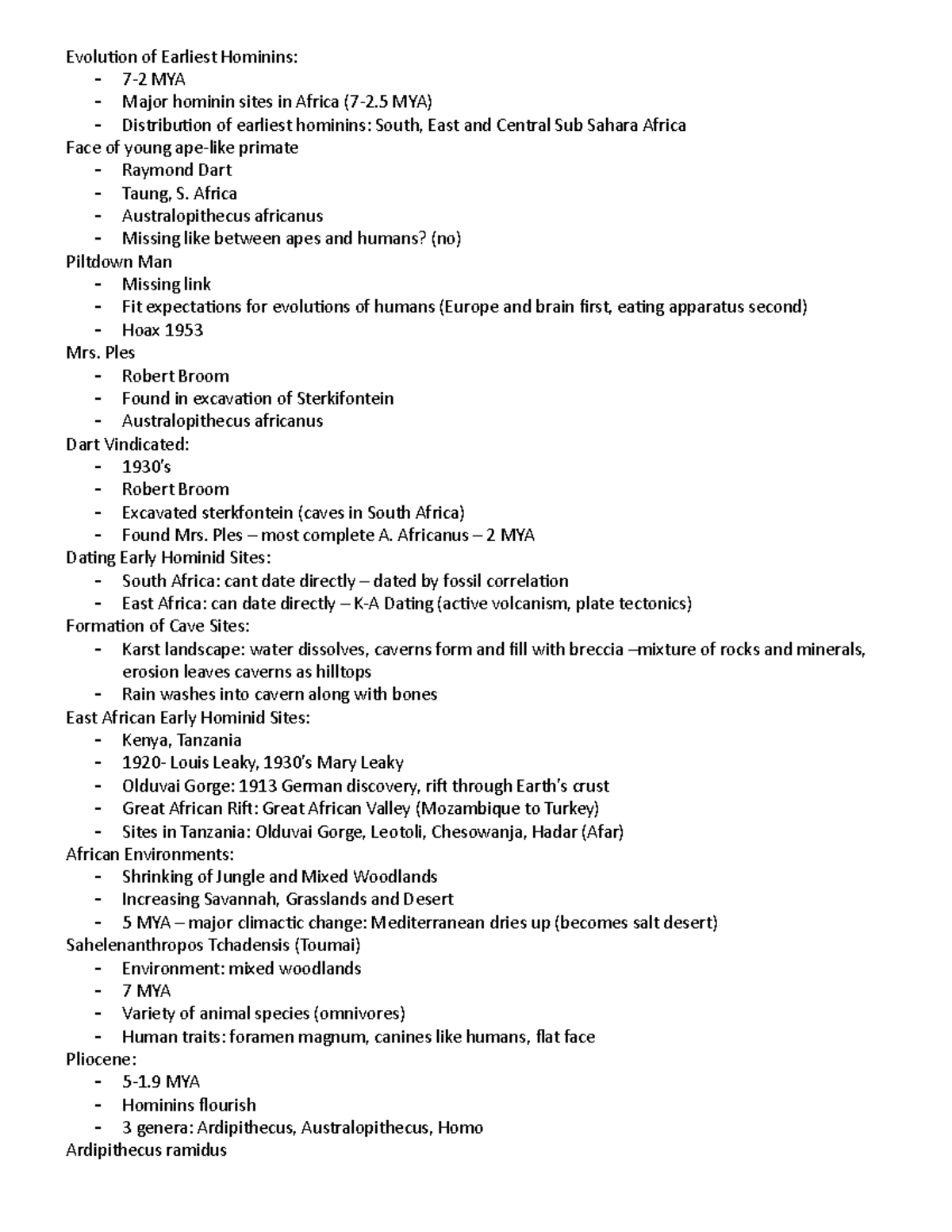 Summary - review notes - Evolution of Earliest Hominins: MYA Major ...