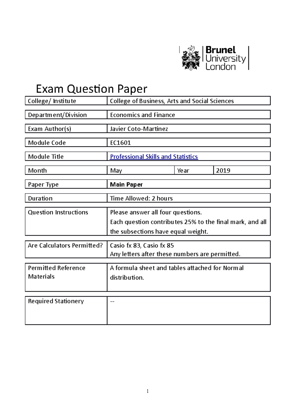 EC1601 May 2019 - May final exam paper - questions - Exam Question ...