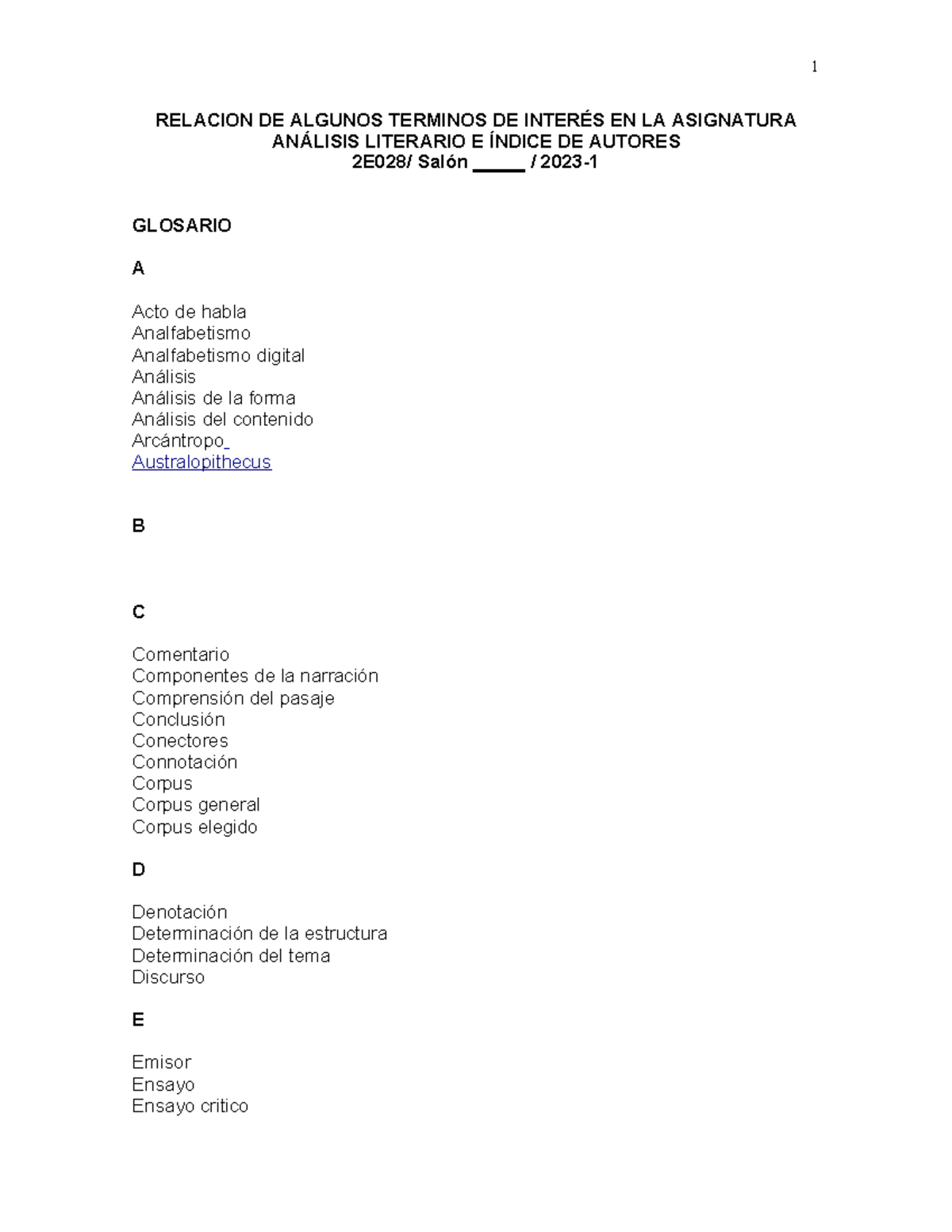 Relacion DE Algunos Terminos DE Interés EN LA Asignatura Análisis ...