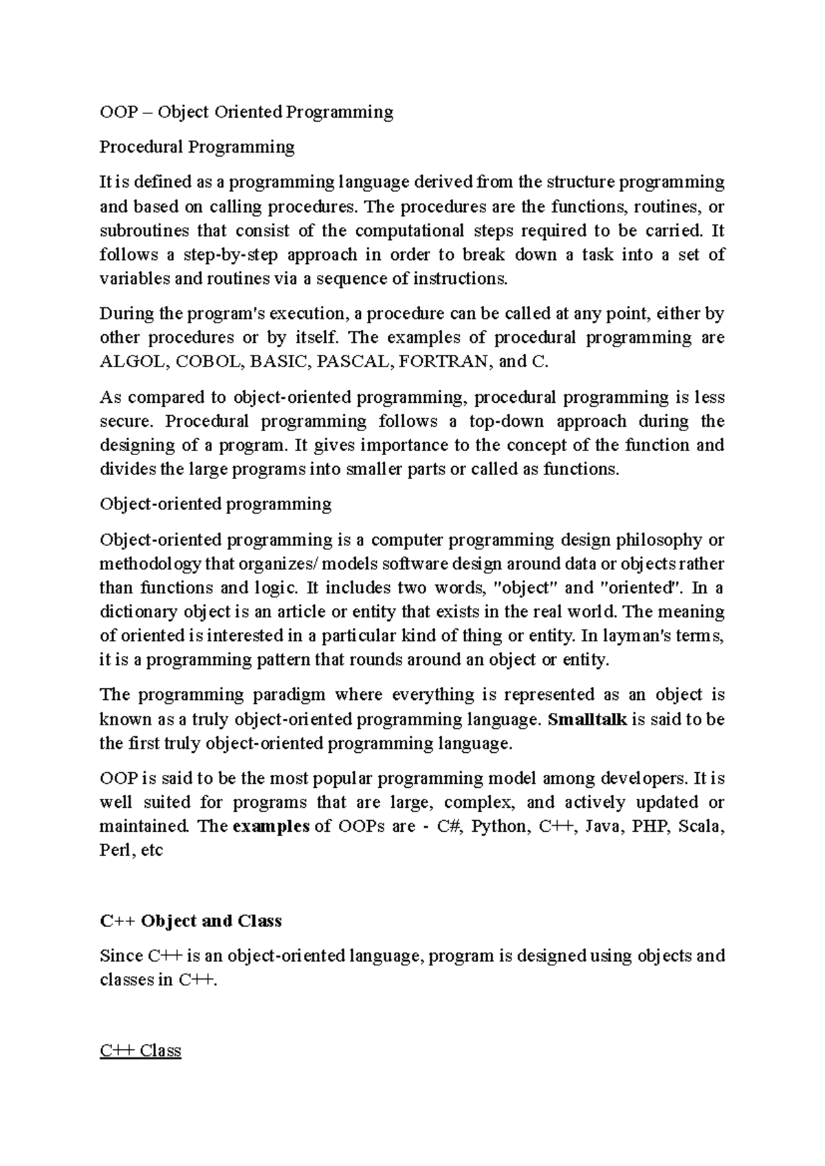 OOPNotes - Good notes - OOP – Object Oriented Programming Procedural ...
