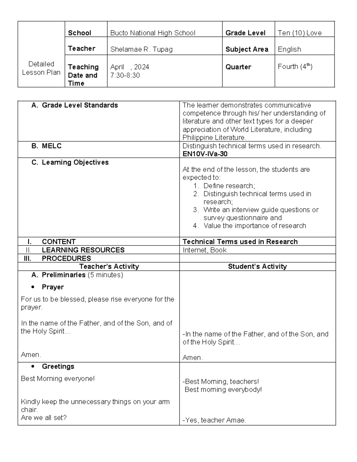 Detailed Lesson plan - Detailed Lesson Plan School Bucto National High ...