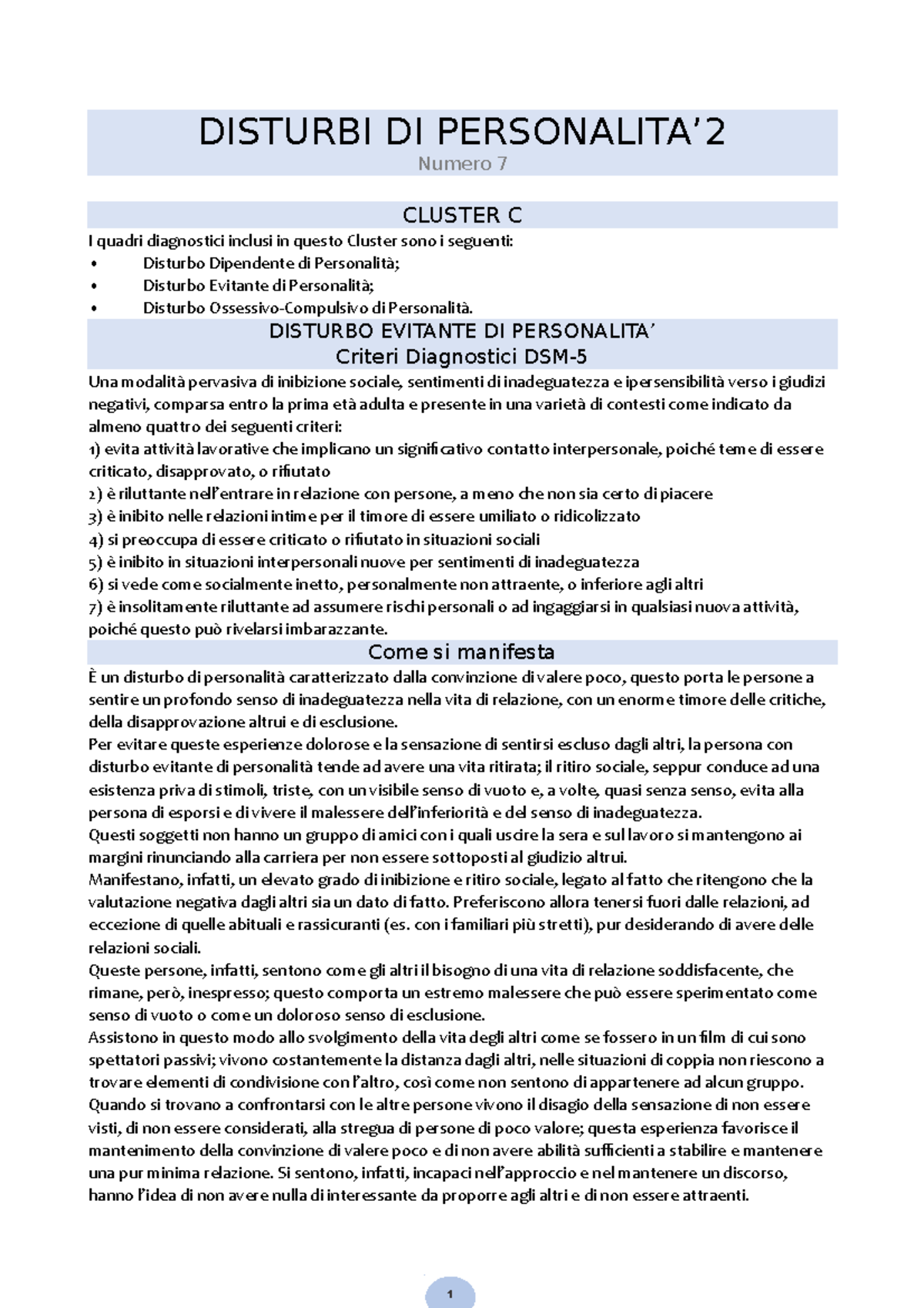 Cluster C dei disturbi di personalità - DISTURBI DI PERSONALITA’ Numero ...