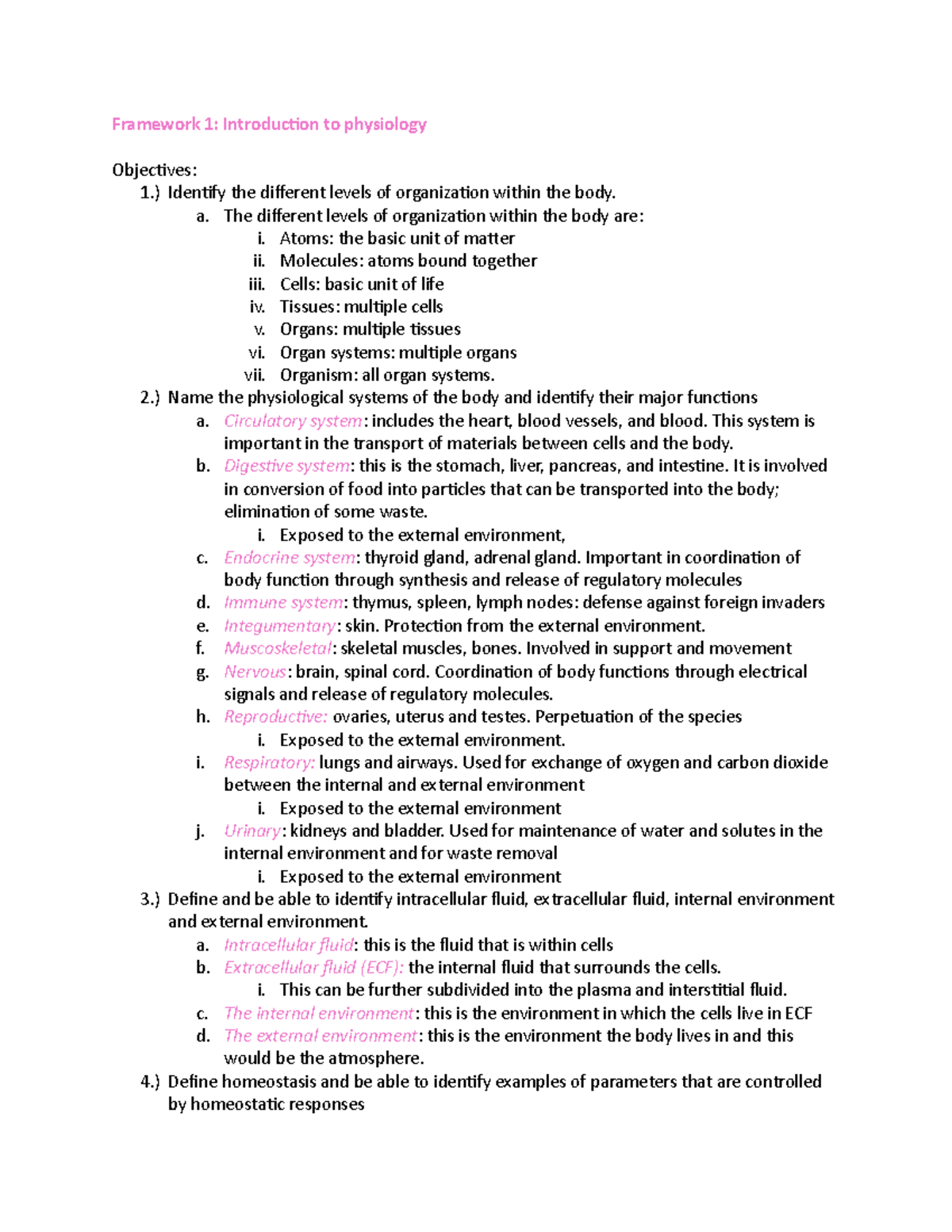 Physiology lecture note - Framework 1: Introduction to physiology ...